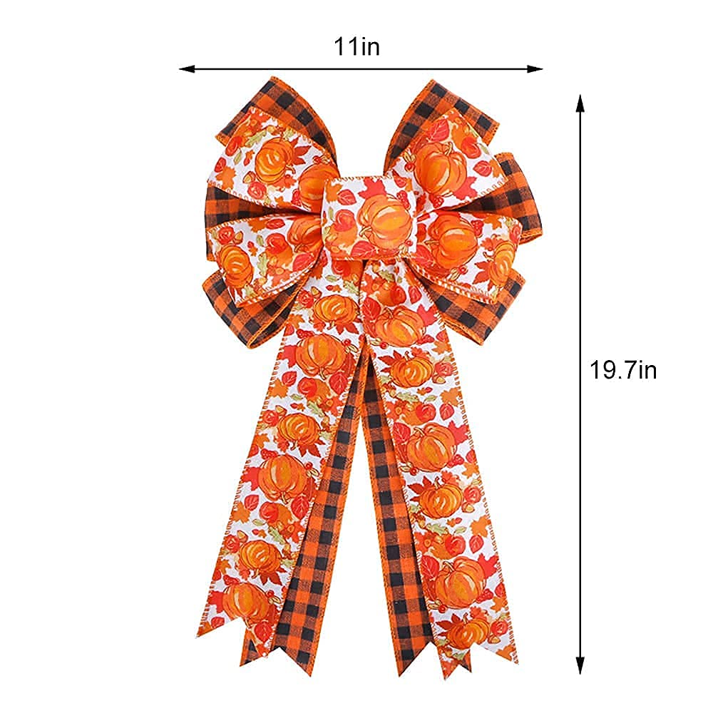 Fall Wreath Bows, Autumn Bow Orange Buffalo Plaid Pumpkin Wreath Bow for Fall Bows Knot Thanksgiving Dinner Party Fireplace Christmas Halloween Home Garden Party Decor