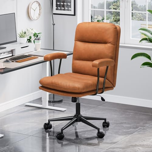 DICTAC Brown Leather Office Chair,Mid Century Home Desk Chair with Padded Mid-Back Support Removable Armrests Height Adjustable