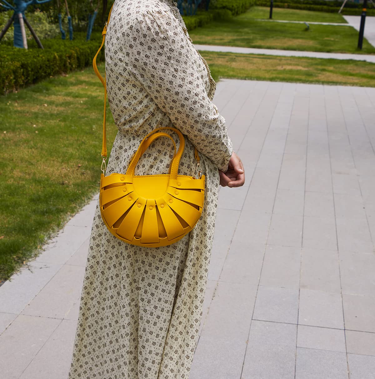 ADYAQRI Hollow semi-circular women's shoulder bag, summer soft leather woven crossbody bag, Stitching portable ladies handbag