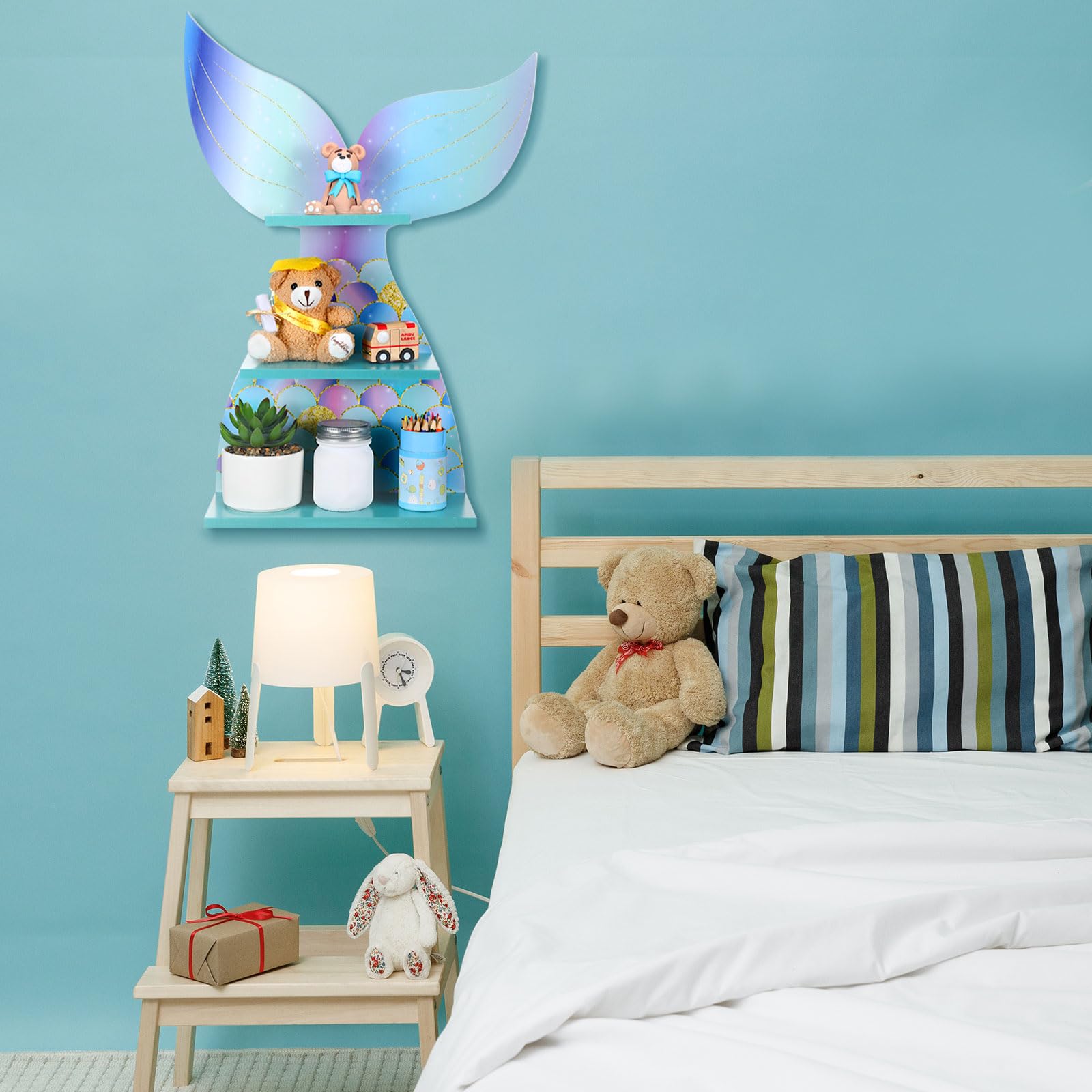 Bencailor Wall Decor Shelf Bedroom Hanging Shelf Wall Mounted Shelf Wooden Floating Shelves Bathroom Decor for Girls Bedroom Nursery Gift (Delicate Mermaid)
