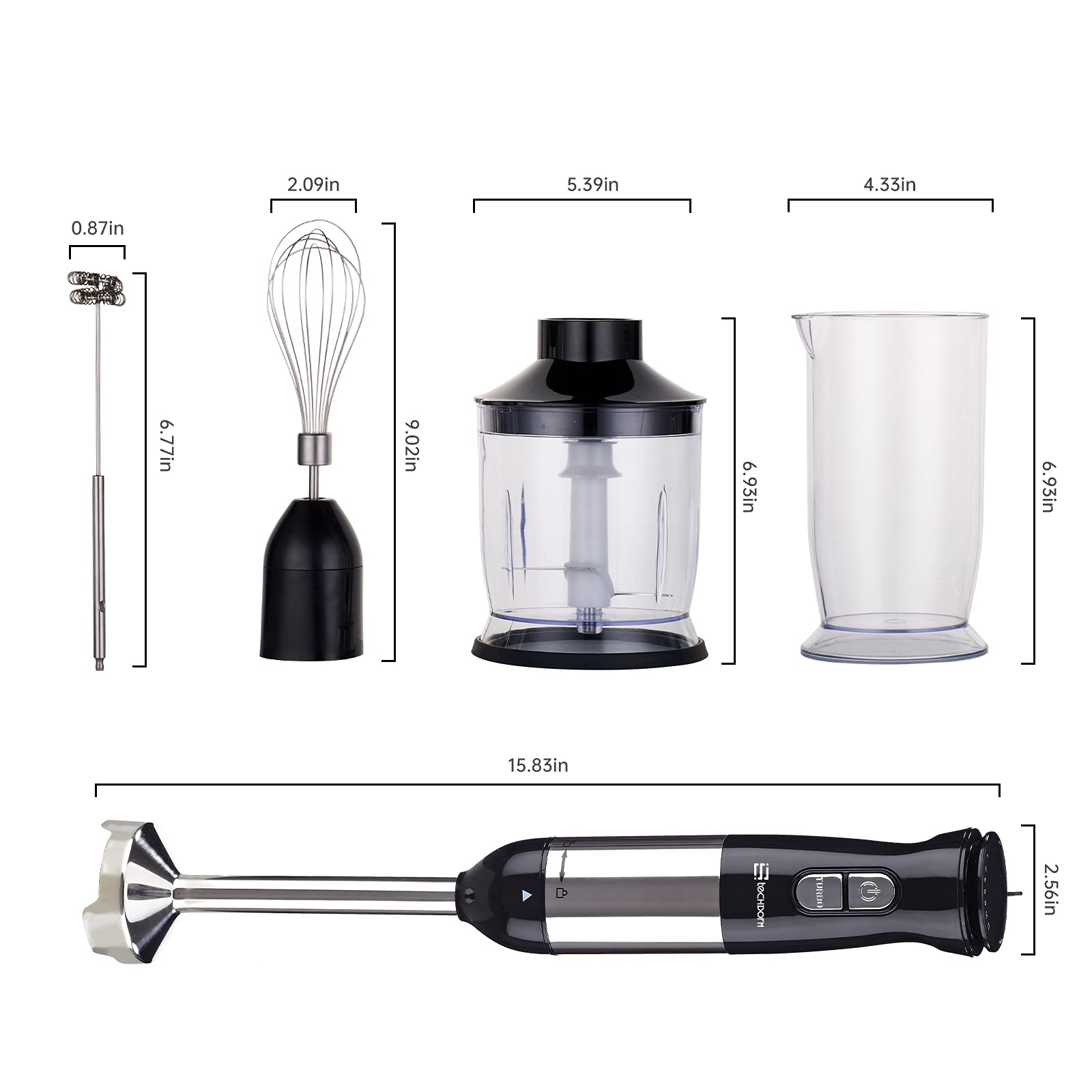 Immersion Hand Blender, 5 in 1 Multi-Purpose Hand Blender, 12 Speed+Turbo Stick Blender with 500ml Chopper, 700ml Beaker, Egg Whisk, Milk Frother, Black