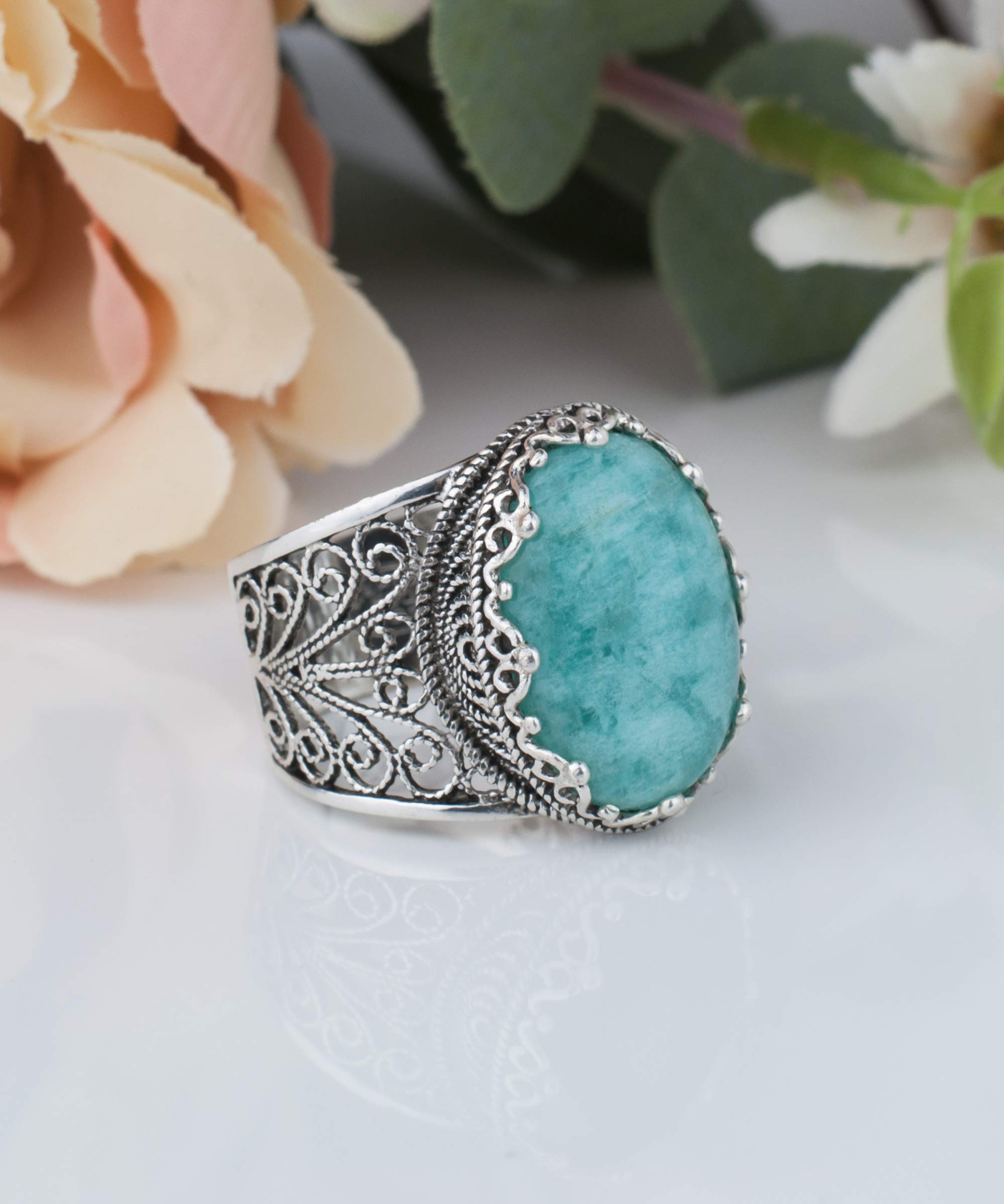 925 Sterling Silver Blue Amazonite Oval Crown Filigree Ring (Size 5-12) (7)
