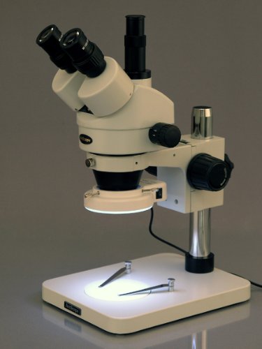 AmScope SM-1TSZZ-144S Professional Trinocular Stereo Zoom Microscope, WH10x and WH20x Eyepieces, 3.5X-180X Magnification, 0.7X-4.5X Zoom Objective, 144-Bulb LED Ring Light, Pillar Stand, 110V-240V, Includes 0.5X and 2.0X Barlow Lenses