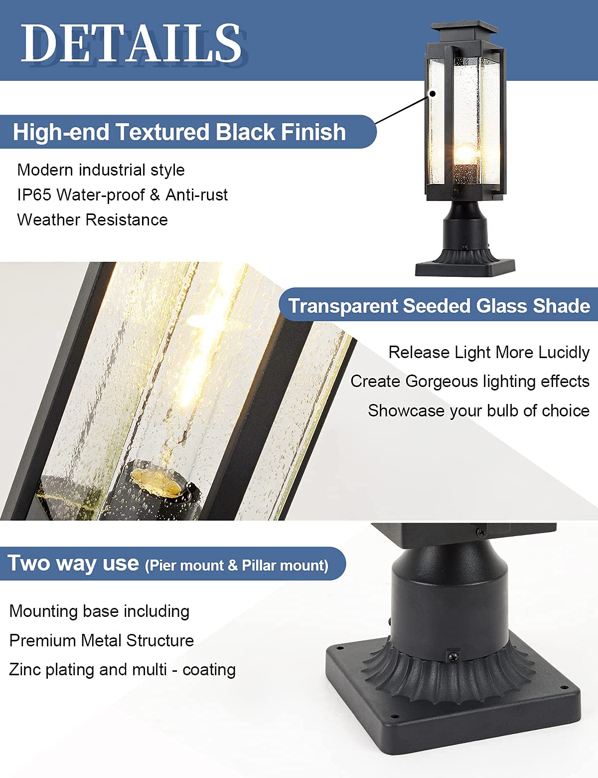 EERU Outdoor Post Light Fixtures 18" Large Exterior Post Lantern with Pier Mount Base IP65 Waterproof Black Finish with Seeded Glass Pier Mount Light Outdoor Pole Light for Patio, Porch, Yard, Garden