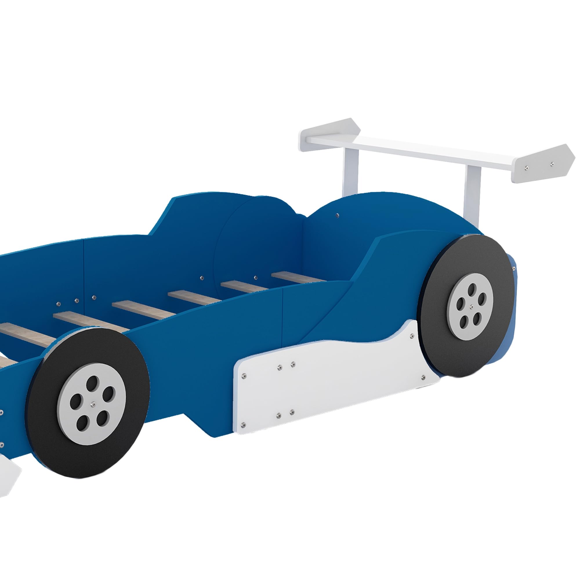 Bellemave Twin Size Race Car Bed for Kids,Wood Car-Shaped Platform Bed with Storage Shelves,Car Bed Twin with Wheels for Boys,Girls,(Twin,Blue)