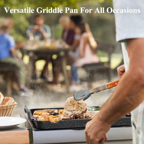 Bazova Nonstick Stove Top Griddle/Grill,16.5"x12.0", Double Burner Granite Griddle Pan,Cast Aluminum Induction Pancake Breakfast Maker, Light-Weight Flat Top Grilling Plate for Gas Grill Camping & BBQ