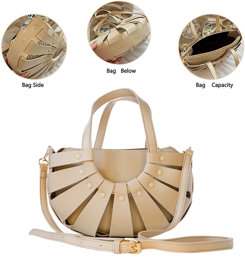 ADYAQRI Hollow semi-circular women's shoulder bag, summer soft leather woven crossbody bag, Stitching portable ladies handbag