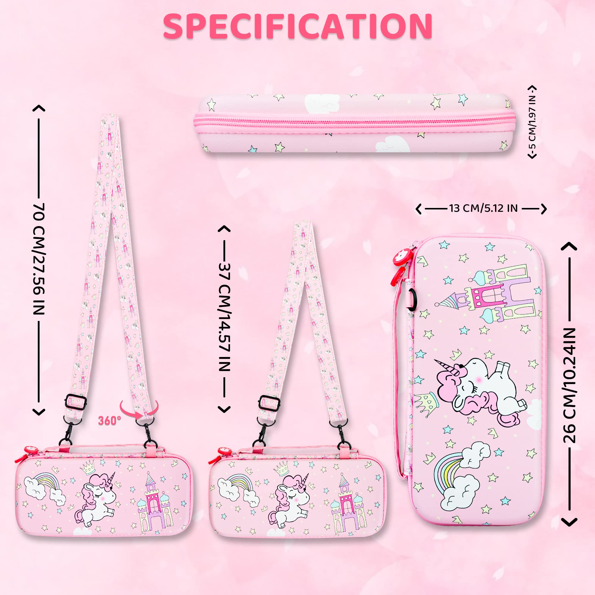 FANPL Carrying Case for Nintendo Switch & OLED Mode, Pink Cute Unicorn Travel Hard Protectiv Cover for Switch with Games Case