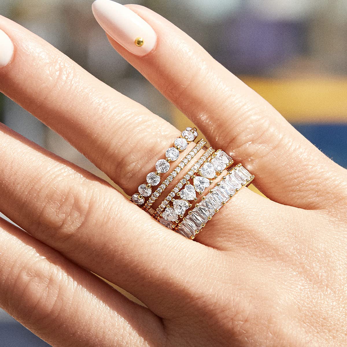 Aojun 14K Gold Plated Eternity Ring Wedding Band Princess Cut Stackable Statement Rings Gold Rings for Women (Baguette 14K Gold, 7)