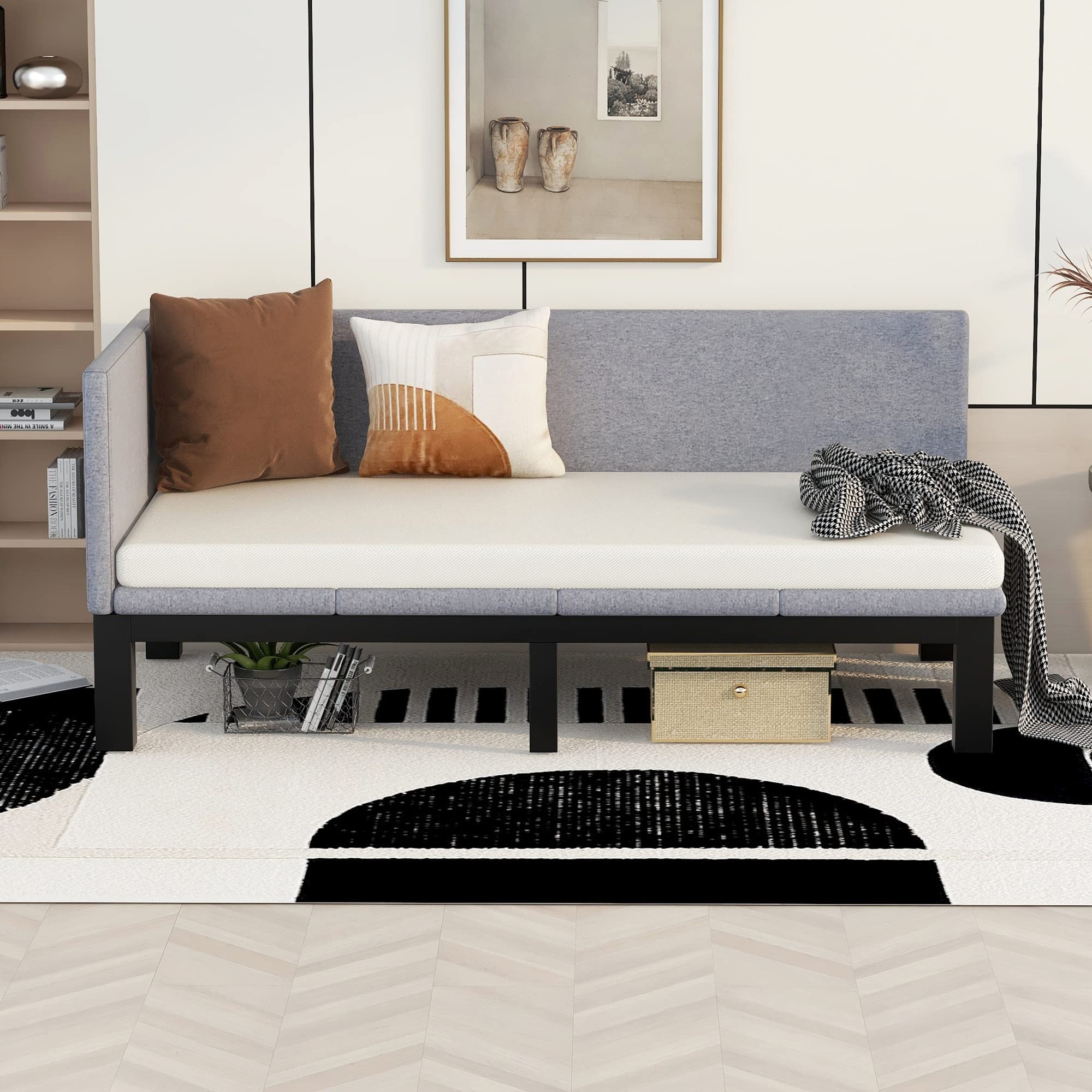 P PURLOVE Upholstered Twin Size Daybed Frame with Backrest and Armrest,L Shaped Wood Sofa Bed Corner DayBed Frame Twin for Kids,for Bedroom Living Guest Room(Twin Size,Gray Bed Frame)