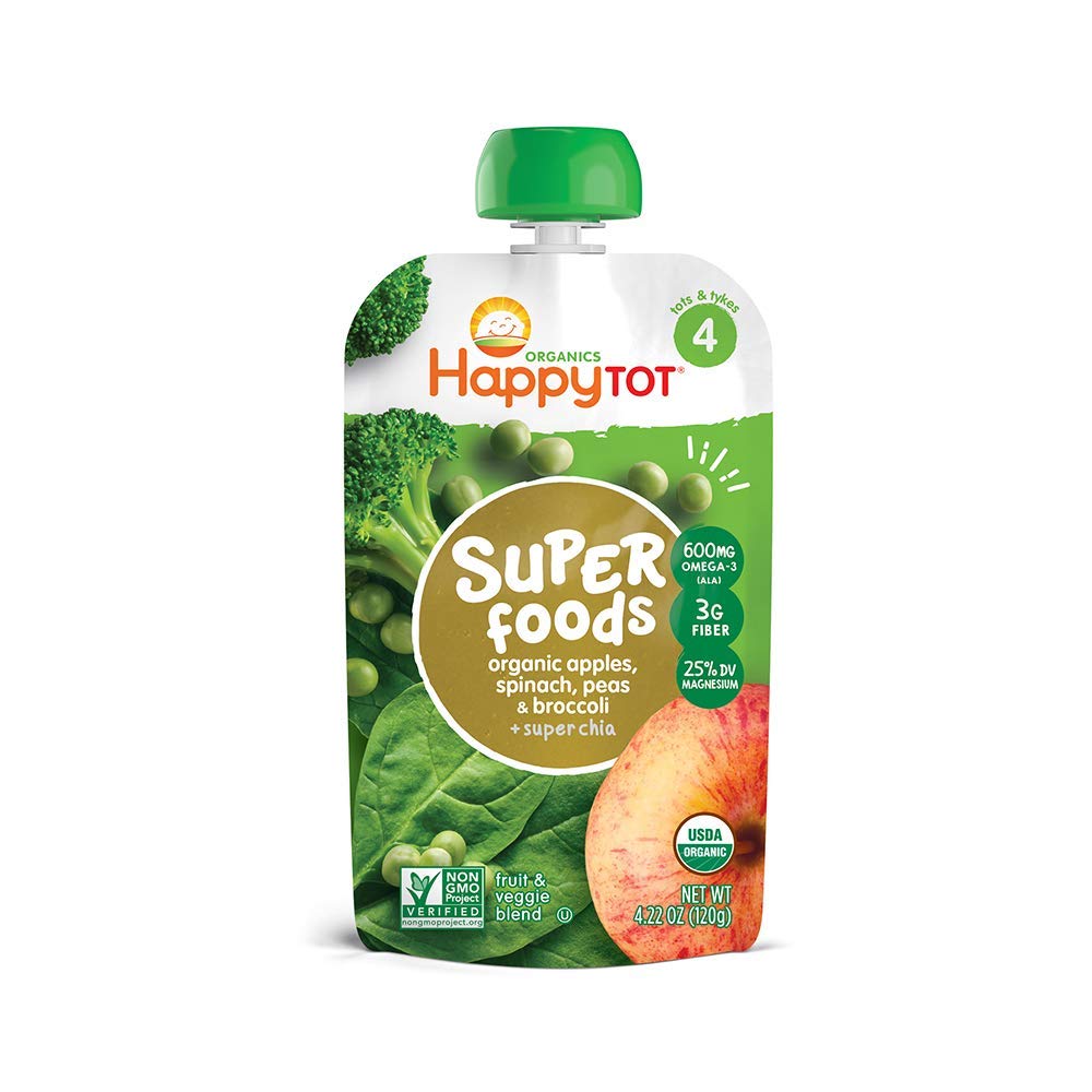 HAPPYTOT Organics Super Foods Stage 4, Apples Spinach Peas & Broccoli + Super Chia, 4.22 Ounce Pouch (Pack of 16) packaging may vary
