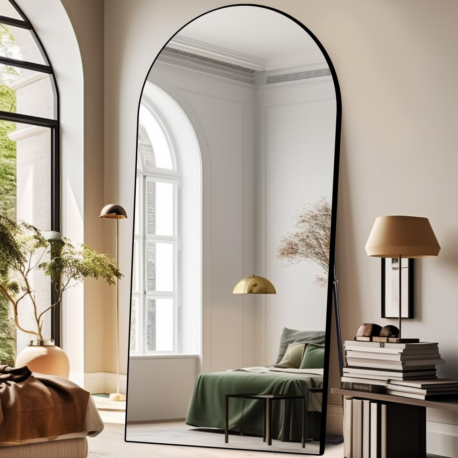 ABSWHLM 71"x32" Mirror Full Length Arched Floor Mirror with Stand Aluminum Alloy Frame Large Mirror for Living Room, Bedroom Hanging Standing or Leaning Wall-Mounted, Black