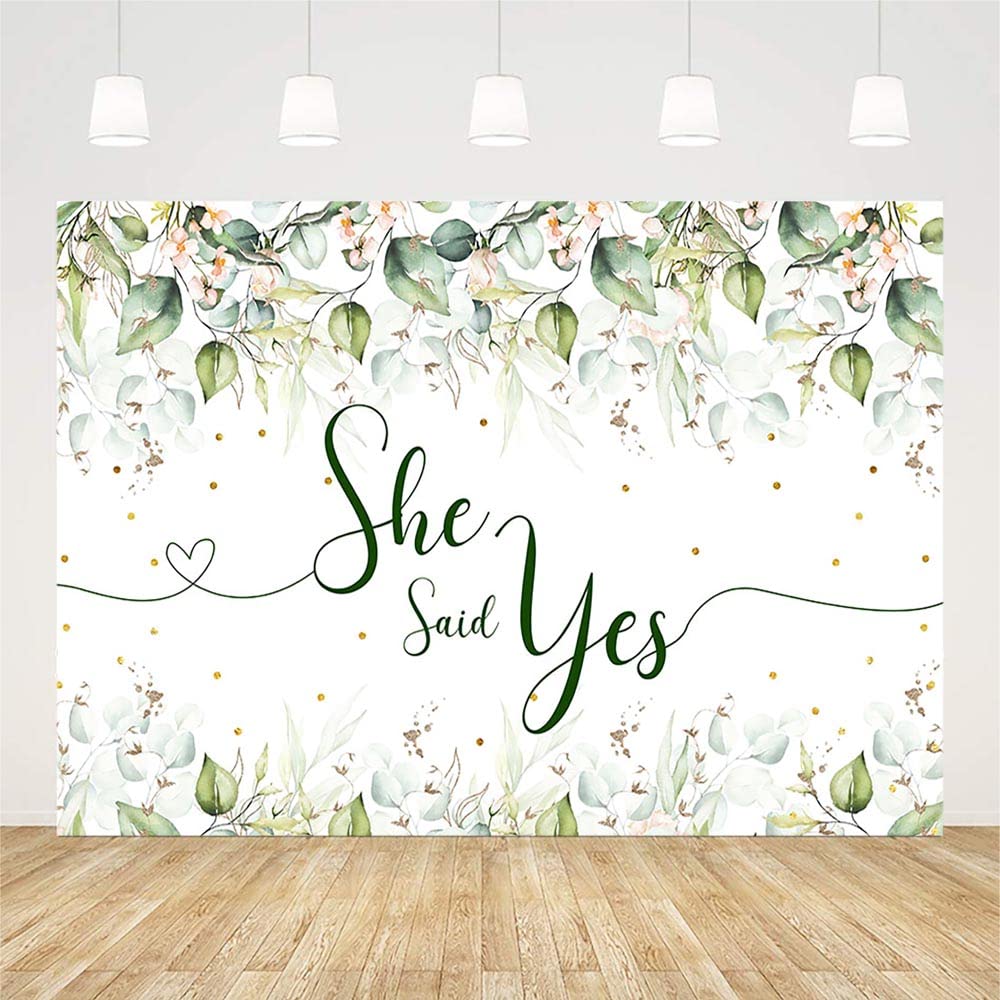 Sendy 7x5ft Bridal Shower Backdrop She Said Yes Greenery Eucalyptus Leaf Party Decorations Supplies Gold Glitter Wedding Bride to Be Engagement Photography Background Banner Cake Table Photo Props