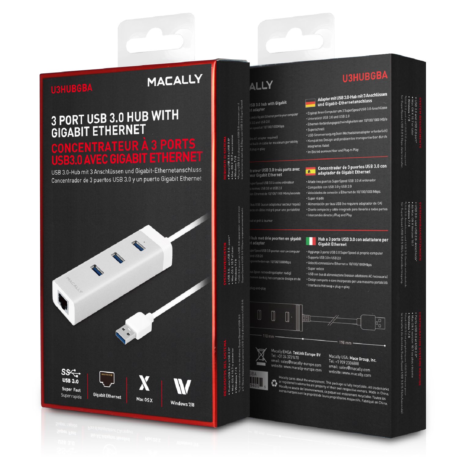 Macally 3-Port USB 3.0 Portable Data Hub with Ethernet Network Lan Adapter for Macbook Pro / Air, Mac Pro / mini, iMac, XPS, Surface Pro, Notebooks, Desktop PCs, USB Flash Drives, etc. (U3HUBGBA)