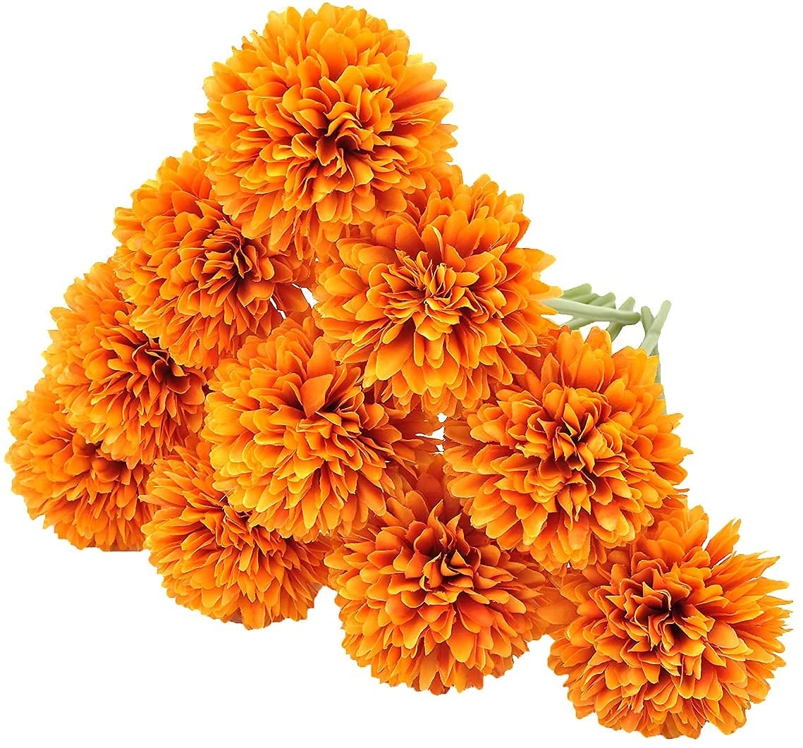 Fantasy Gardens Artificial Fake Flower Plants Silk Chrysanthemum 10Pcs DIY Ball Hydrangea Arrangements Wedding Bouquets Decor Home Kitchen Garden Party Table (Orange)