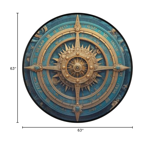 Blue Compass Rose Round Rug 5ft, Round Area Rug Ocean Nautical Non-Slip Circle Rug Indoor Floor Mat Carpet for Bedroom Living Room Kitchen Decor, 5' x 5' Round
