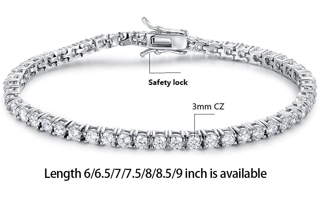 Gemsme 18K White Gold Plated 3.0mm Cubic Zirconia Classic Tennis Bracelet 7.0 Inch