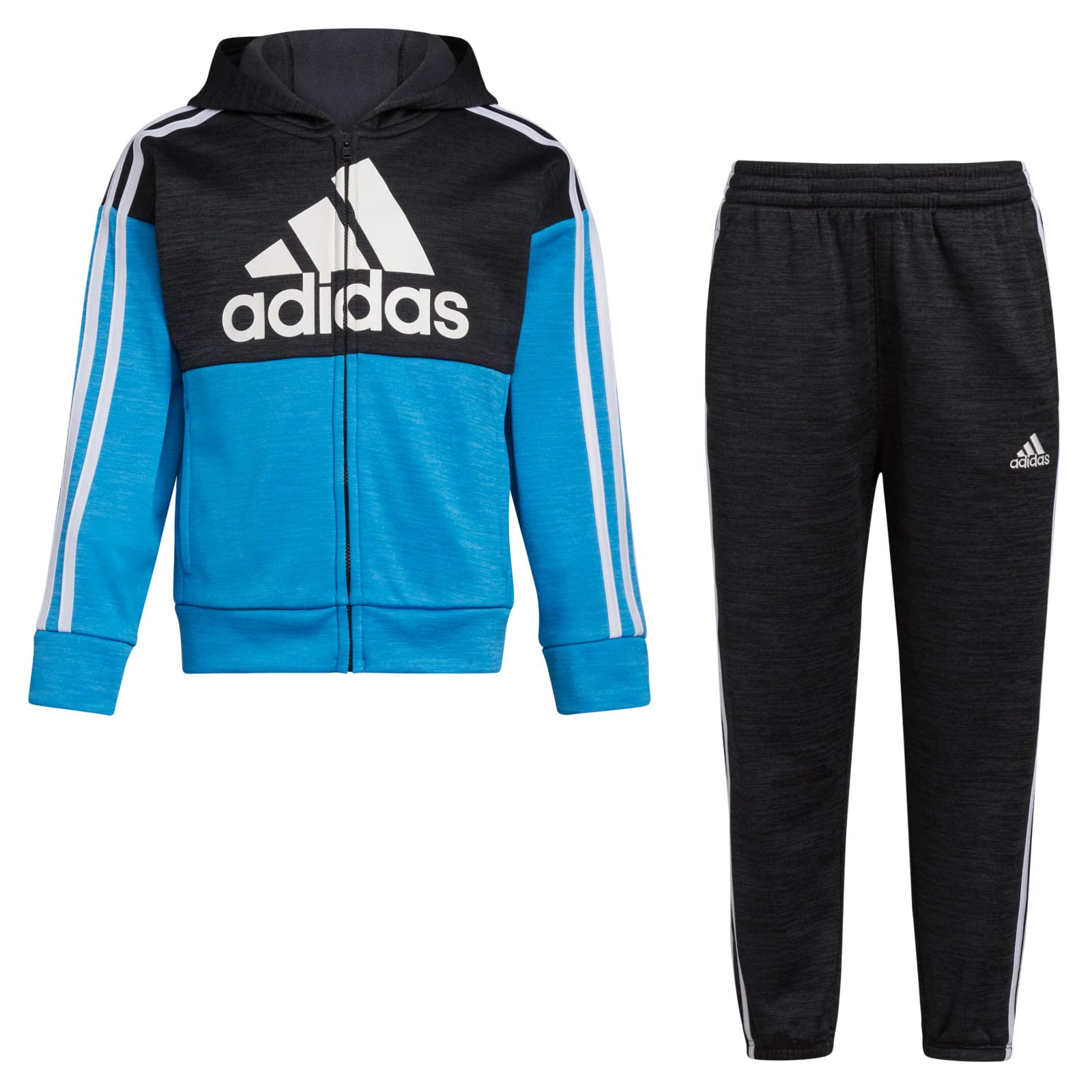 adidas Boys' Long Sleeve Color Block Mélange Fleece Jacket Set, Black Heather with Blue, 7