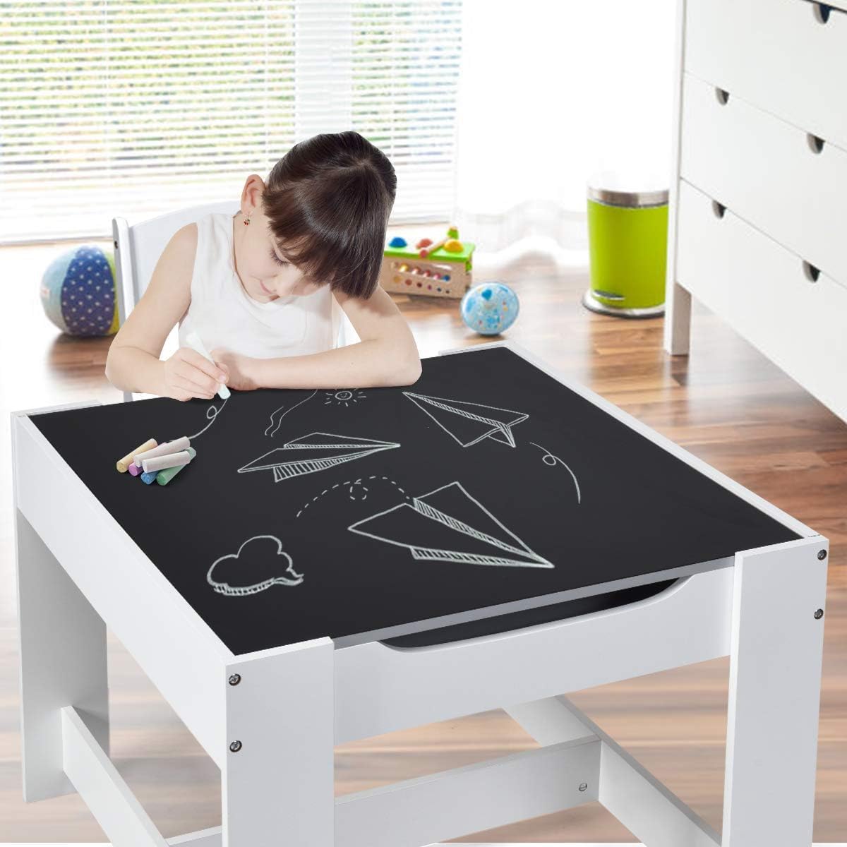 Fireflowery, 3-in-1 Wooden Activity w/Storage Drawer & Detachable Blackboard, 3-Piece Square Children Art Desk, Toddler Table&Chairs Kids Table and Chair Set, Large, Grey