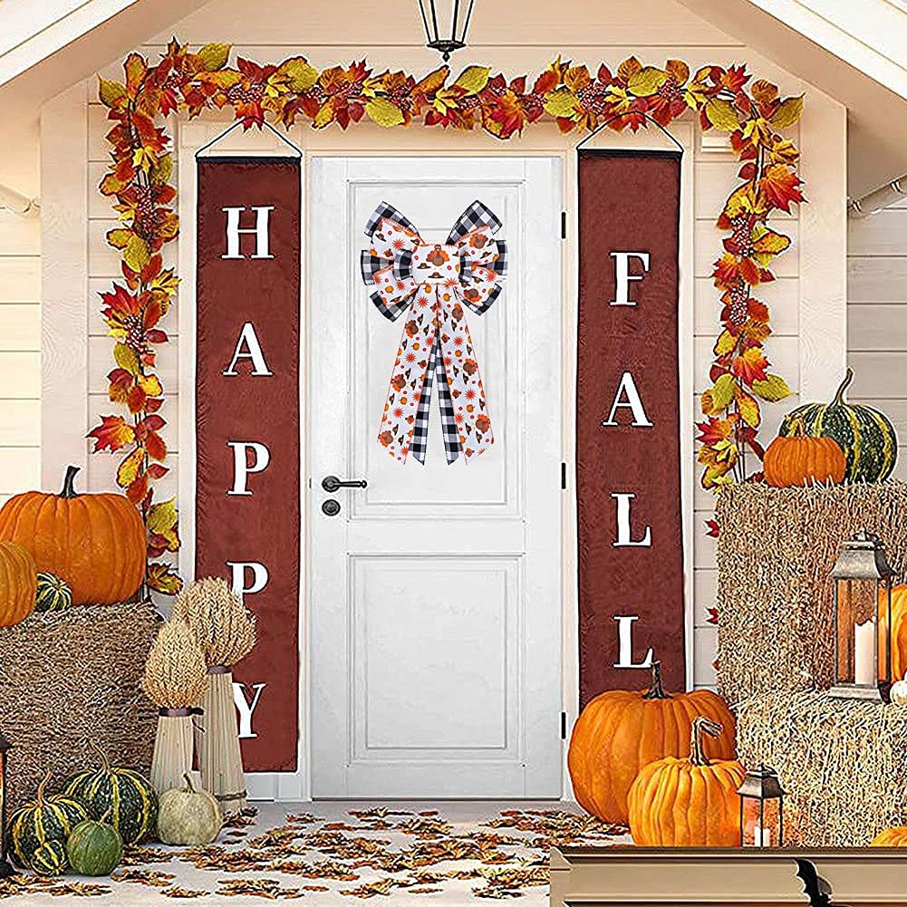 Fall Wreath Bows, Autumn Bow Black White Buffalo Plaid Turkey Wreath Bow for Fall Bows Knot Thanksgiving Dinner Party Fireplace Christmas Halloween Home Garden Party Decor
