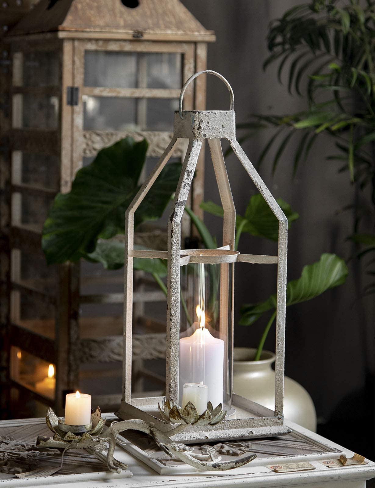 Farmhouse White Metal Lanterns 21" Decorative Hanging Candle Lantern, Rustic Distressed Candle Holder Outdoor Lanterns for Front Porch Floor, Patio or Wedding