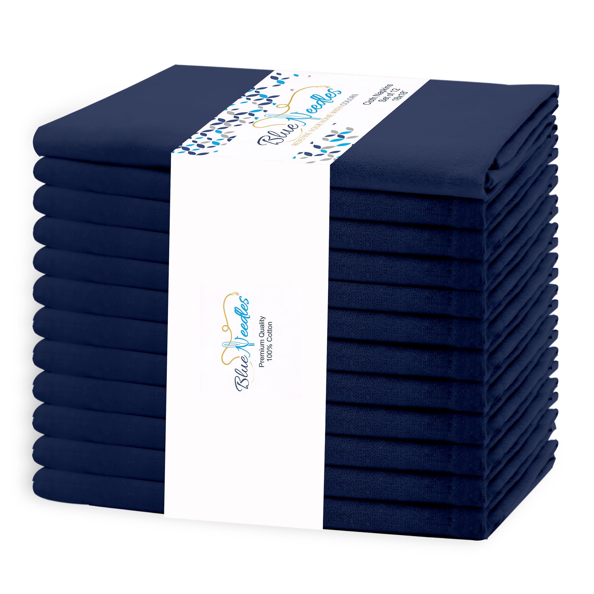 Blue Needles Navy Blue Cloth Napkins - 100% Cotton Set of 12 Dinner Napkins 18x18 inches - Soft, Reusable and Washable Linen Napkins, Ideal for Events, Parties & Everyday Use