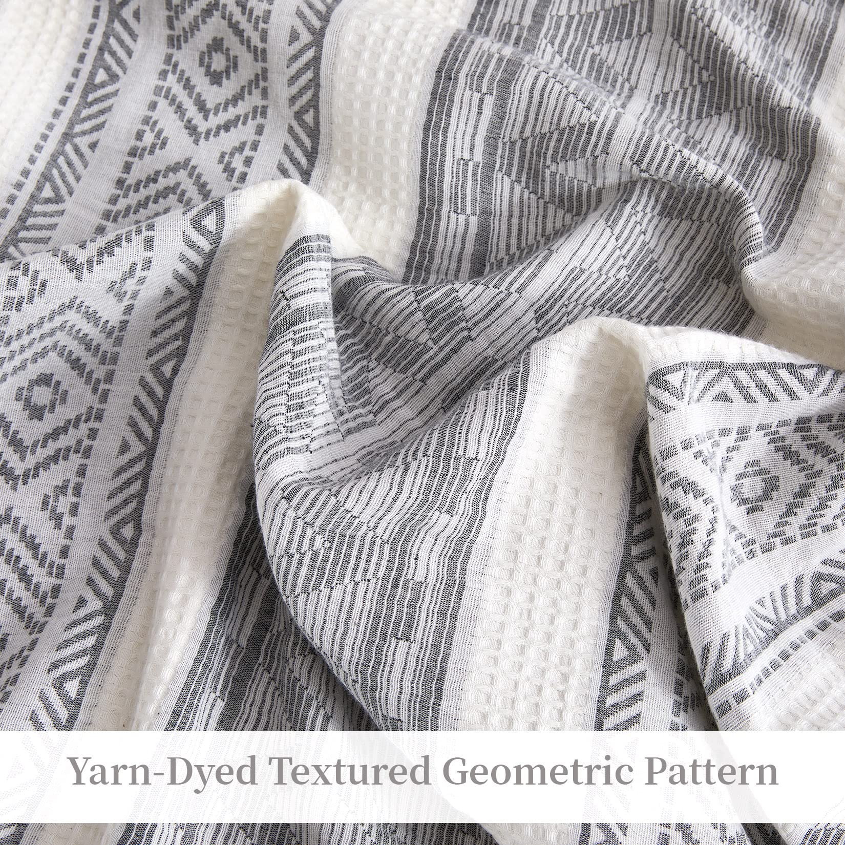 Cotton Jacquard Duvet Cover Set King Size, 3 Pieces Boho Yarn-Dyed Geometric Textured Farmhouse Duvet Cover Set with Waffle and Tufted Dots, 104x92 Inch