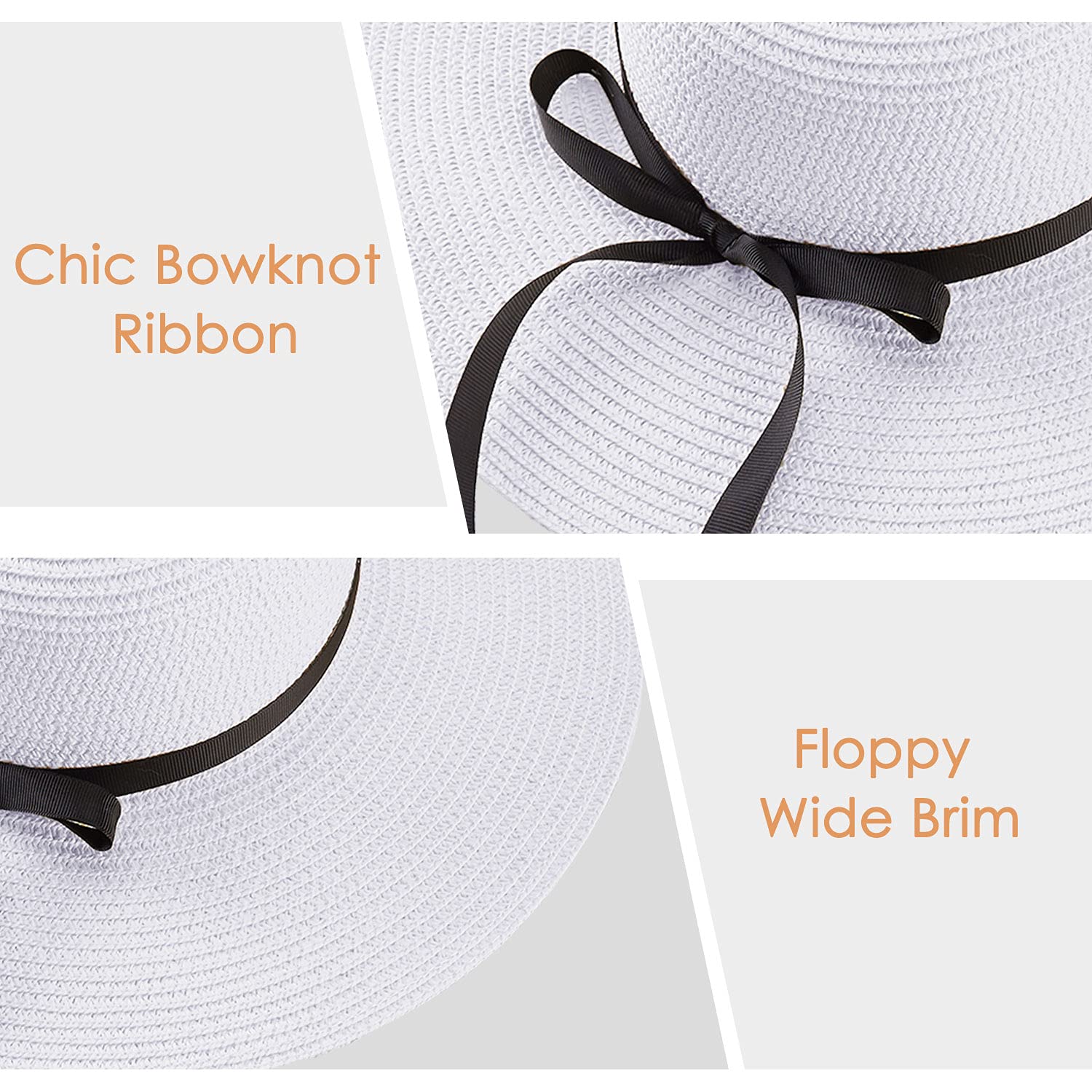 FARVALUE Women's Sun Beach Straw Hat Wide Brim Floppy Folable UPF 50+ Summer Hat for Women White