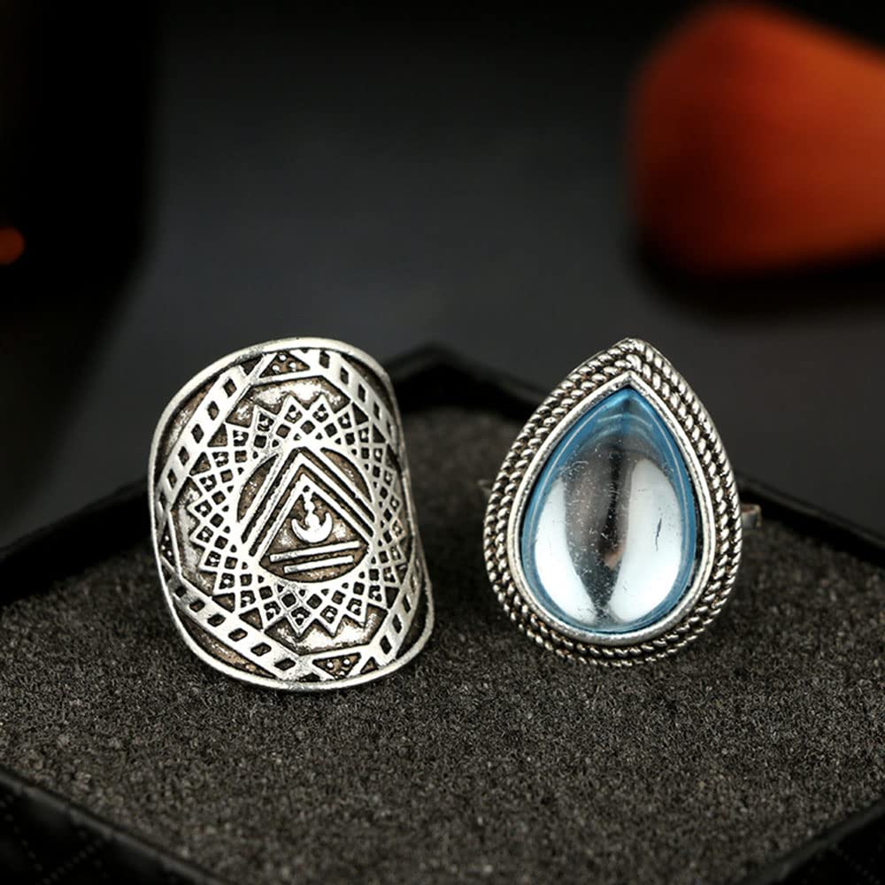 Asphire 7pcs Bohemian Joint Knuckle Rings Set Opal Gemstone Stackable Midi Ring Band Vintage Carved Geometric Finger Rings Sapphire Chunky Ring Pack for Women (Style 5)