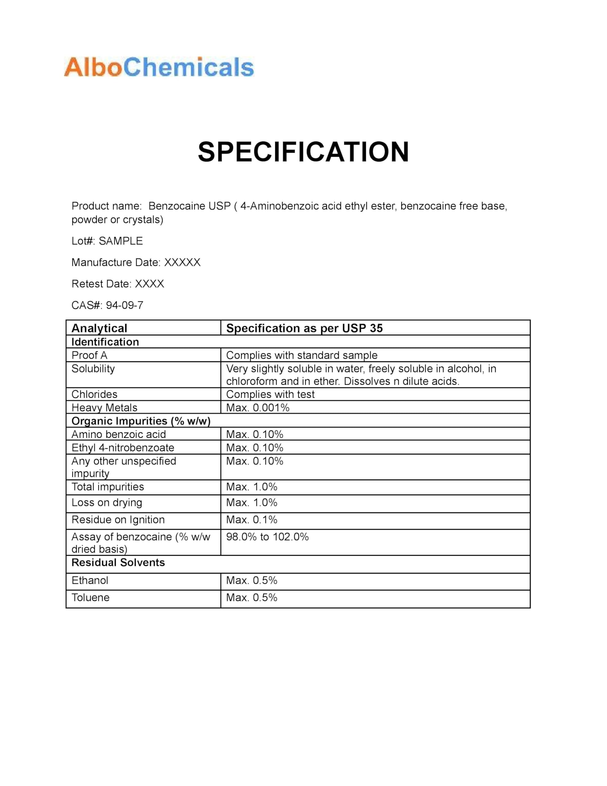 Benzocaine, High Purity, Fine Powder, CAS 94-09-7 (100, Grams)