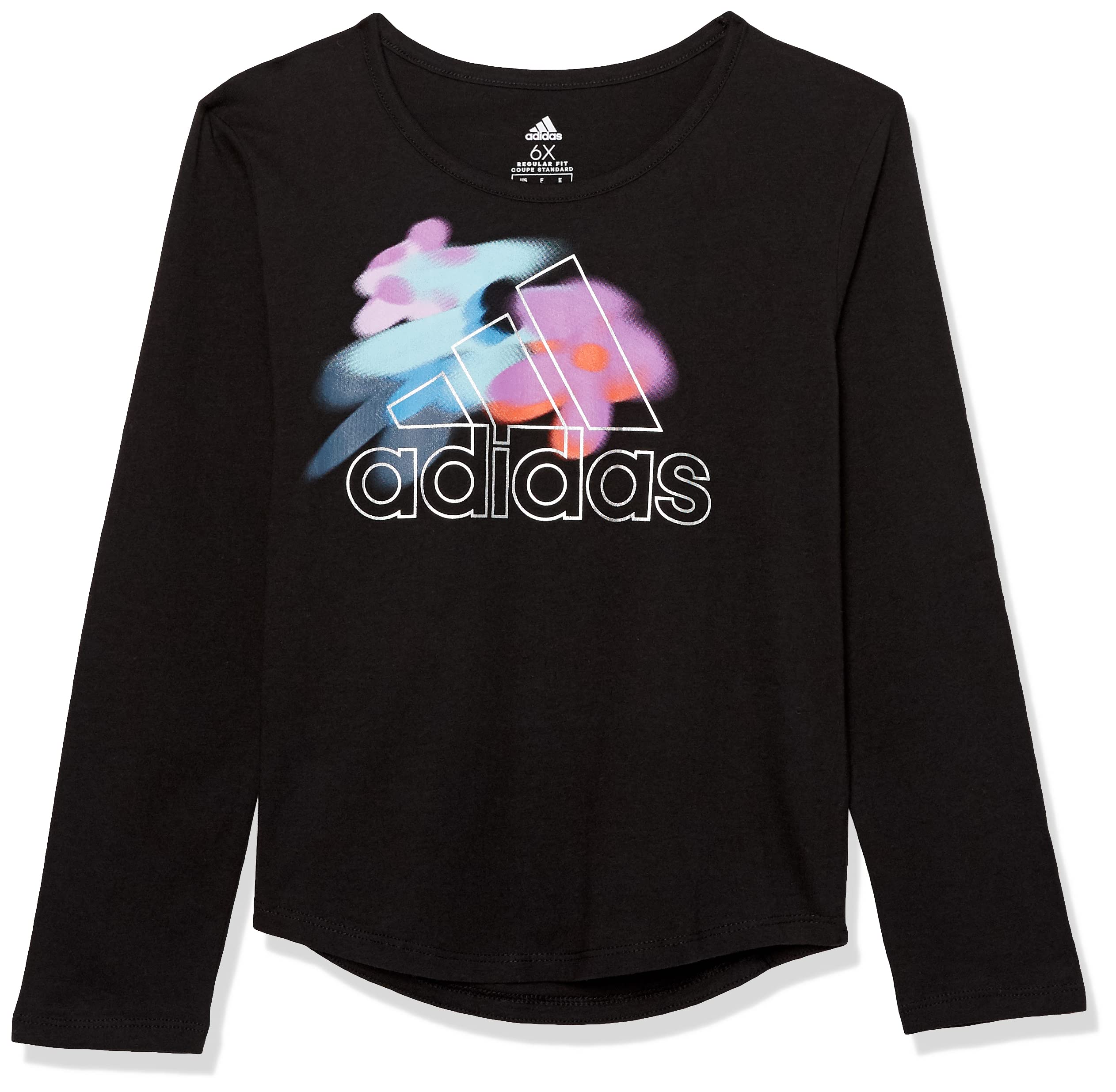 adidas Girls' Long Sleeve Cotton Scoop Neck Graphic T-Shirt, Black/Multicolor, 3T