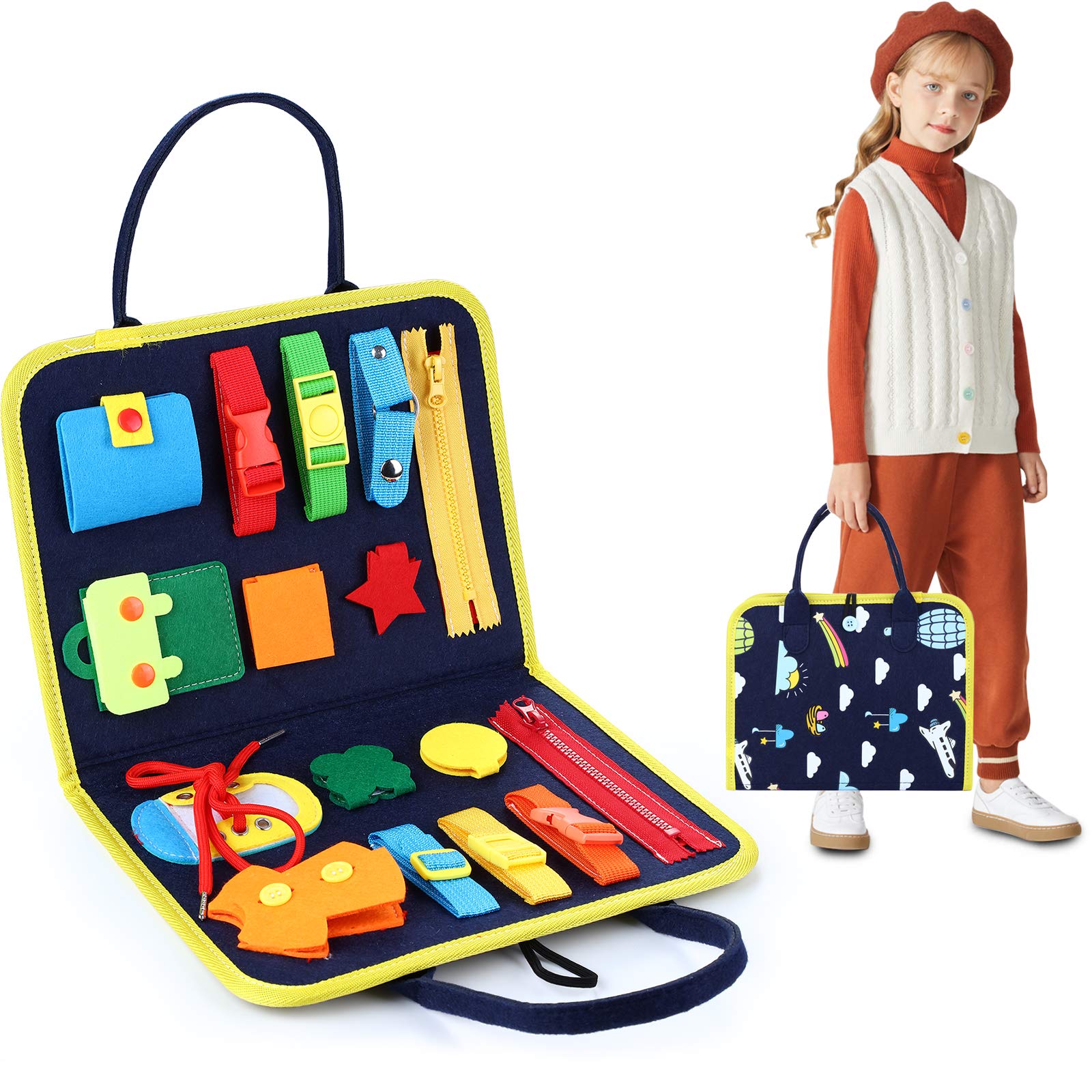 FBve Toddler Busy Board Montessori Toys Basic Skills Board for Toddlers Learning Dress, Educational Learning Toys, Bag Designed Enlighten Toy for Infants, Boys and Girls