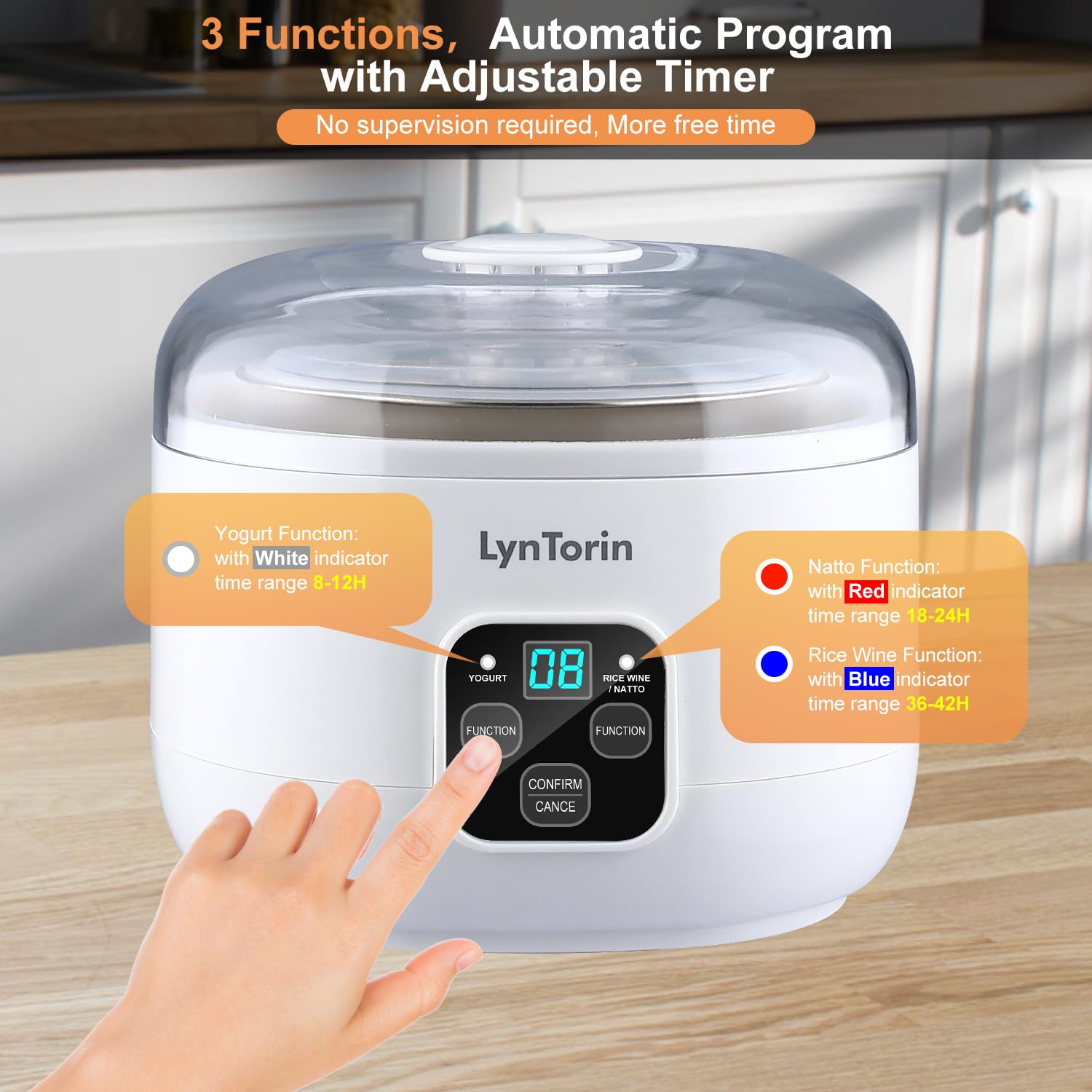 LynTorin Yogurt Maker, 34oz Yogurt Maker Machine with Timer and Constant Temperature Control, 3 in 1 Automatic Yogurt Makers with Stainless Steel Inner Pot, Yogurt Machine for Yogurt Natto Rice Wine