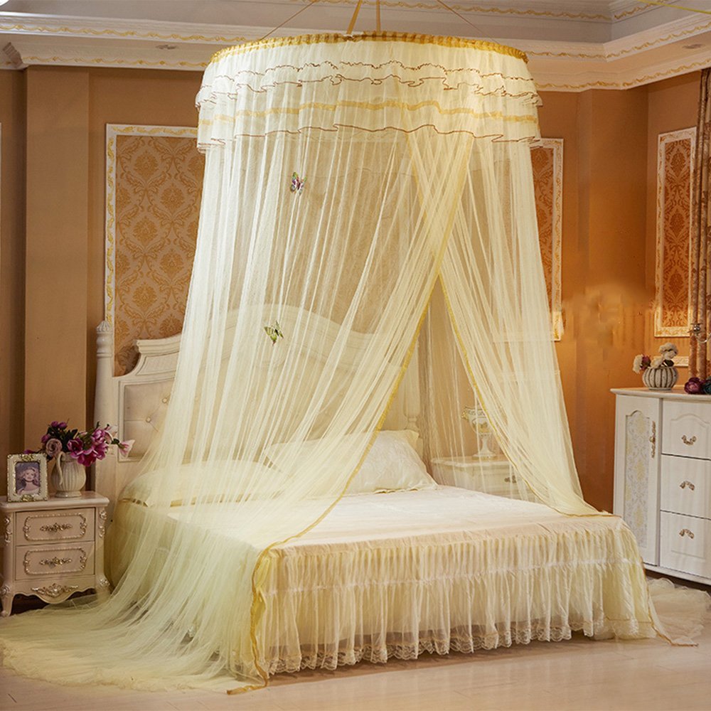 Guerbrilla Luxury Princess Pastoral Lace Bed Canopy Net Crib Luminous butterfly, Round Hoop Princess Girl Pastoral Lace Bed Canopy Mosquito Net Fit Crib Twin Full Queen Extra large Bed (yellow)