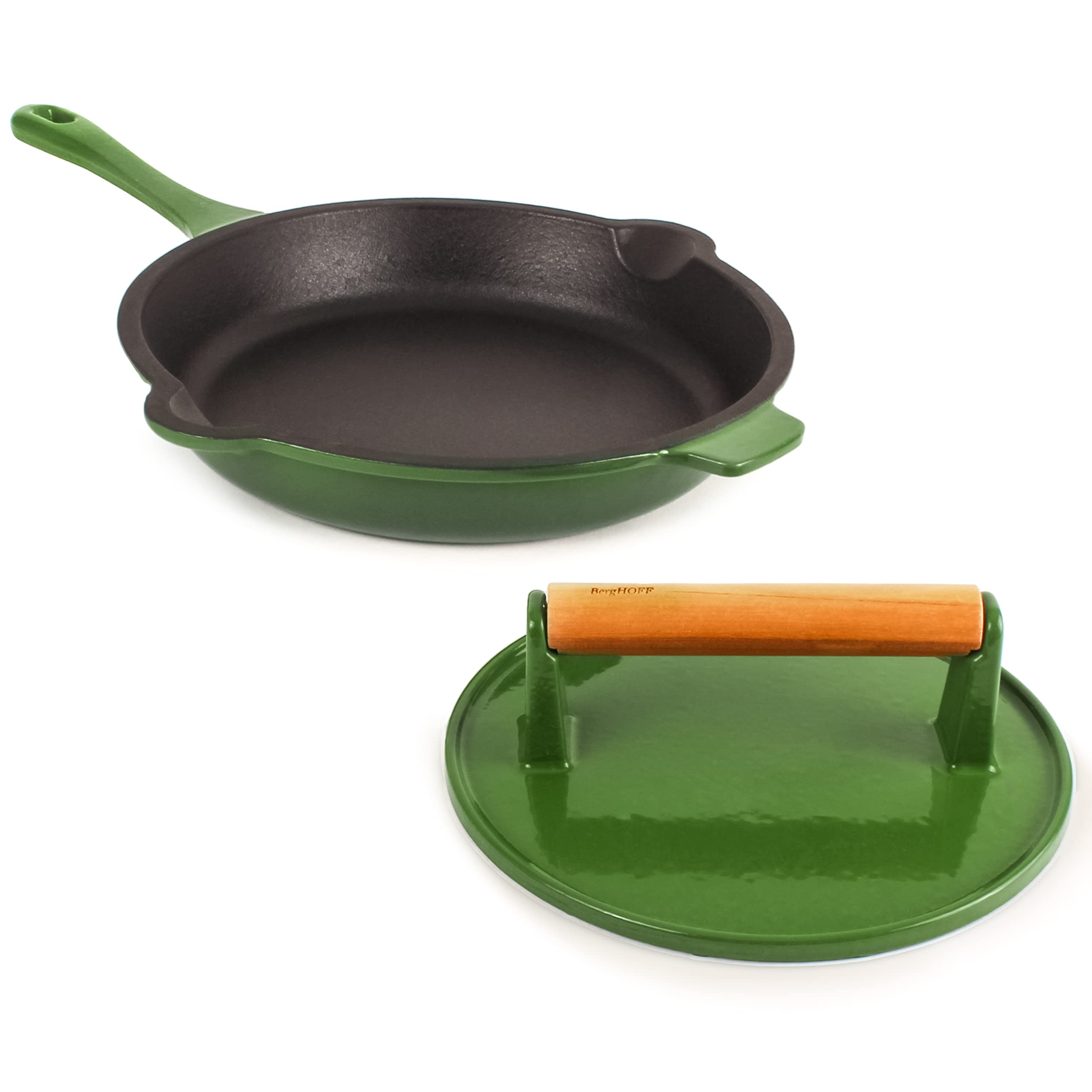 Berghoff 2Pc Neo Enameled Cast Iron Cookware Set, Fry Pan 10 Inches, Steak Press, Oven Safe Up To 400°F, Green