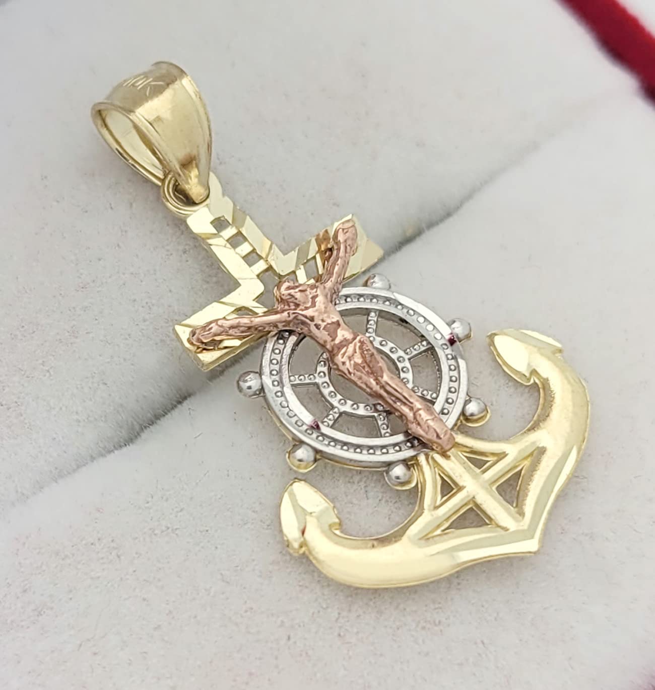 AMZ Jewelry 10K Tri Tone Gold Mariners Anchor Charm Cross Pendant