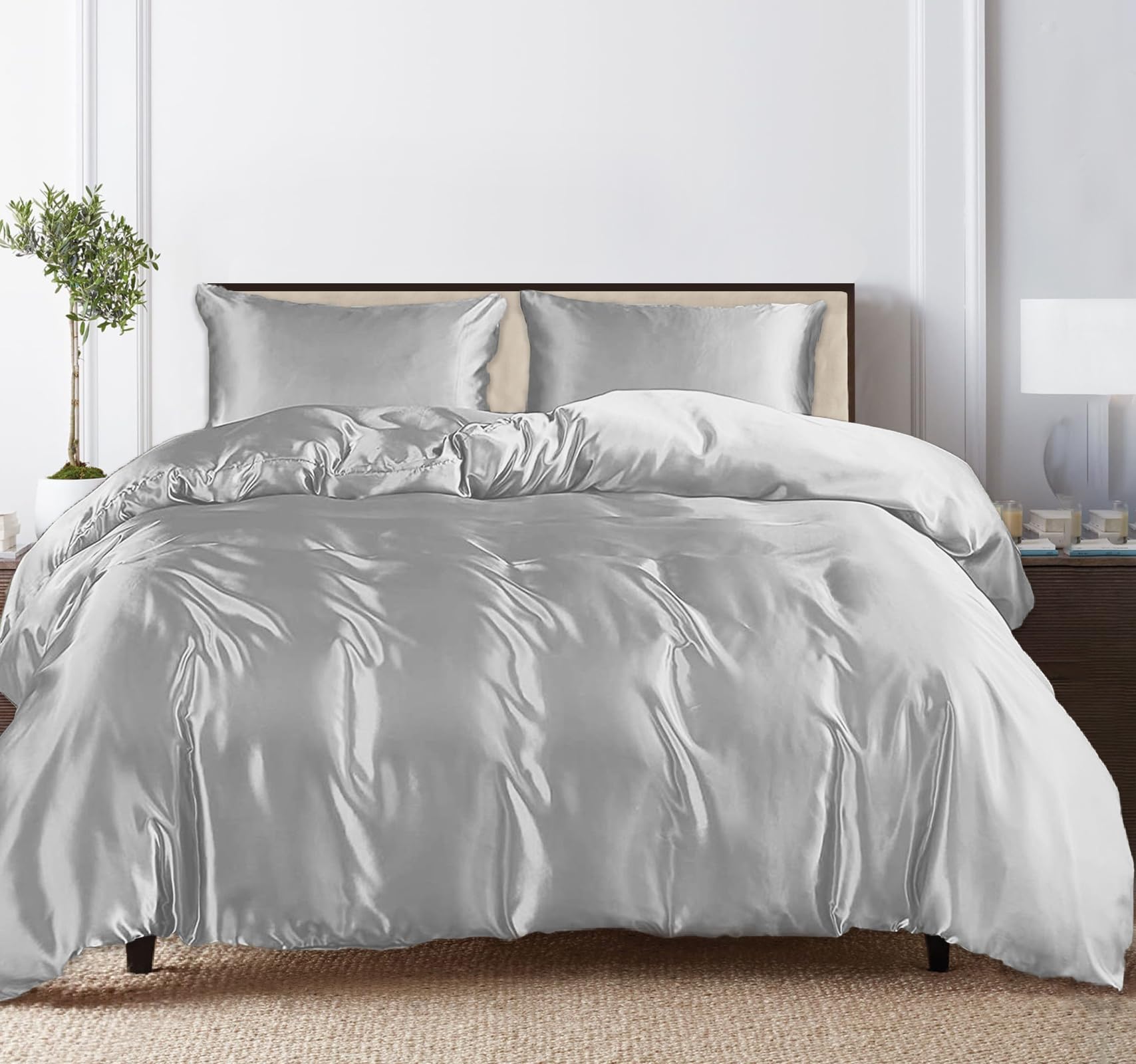 Linenwalas Tencel Lyocell Duvet Cover Set with Deep Pocket Fitted Sheet, Viscose Made from Eucalyptus Soft, Lightweight and Breathable Complete Bedding Set (Silver, King)