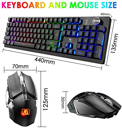 FELICON Wireless Gaming Keyboard and Mouse Set, RGB Backlit Rechargeable 4800mAh Battery, Mechanical Feel Anti-ghosting Keyboard, Control Knob for Multi-Media, Mute Gaming Mouse for Windows PC Gamer
