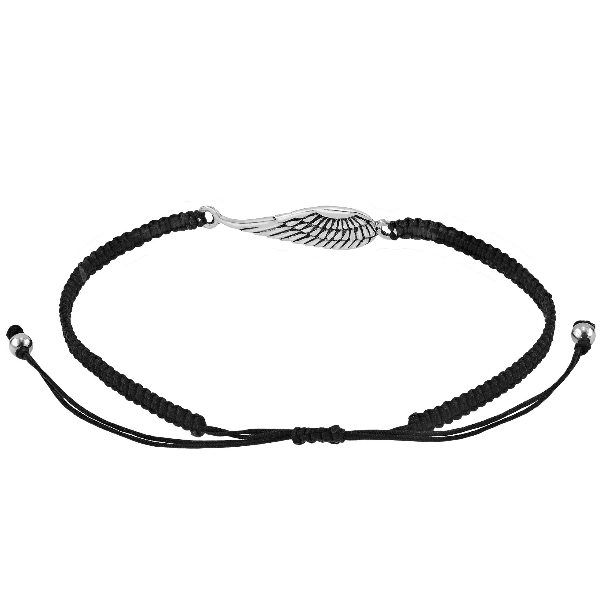 AeraVida Mystical Sideways Heaven's Angel Wing .925 Sterling Silver Charm on Black Adjustable Bracelet | Stylish Handmade Jewelry for Women | Statement Bracelet | Boho Jewelry