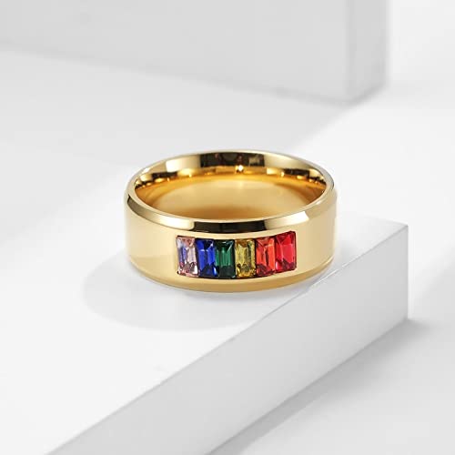 Aooaz Gay Couple Rings, Titanium Ring Rainbow with Pride Flag Silver Wedding Band for Men Women Size 7 Free Engraved