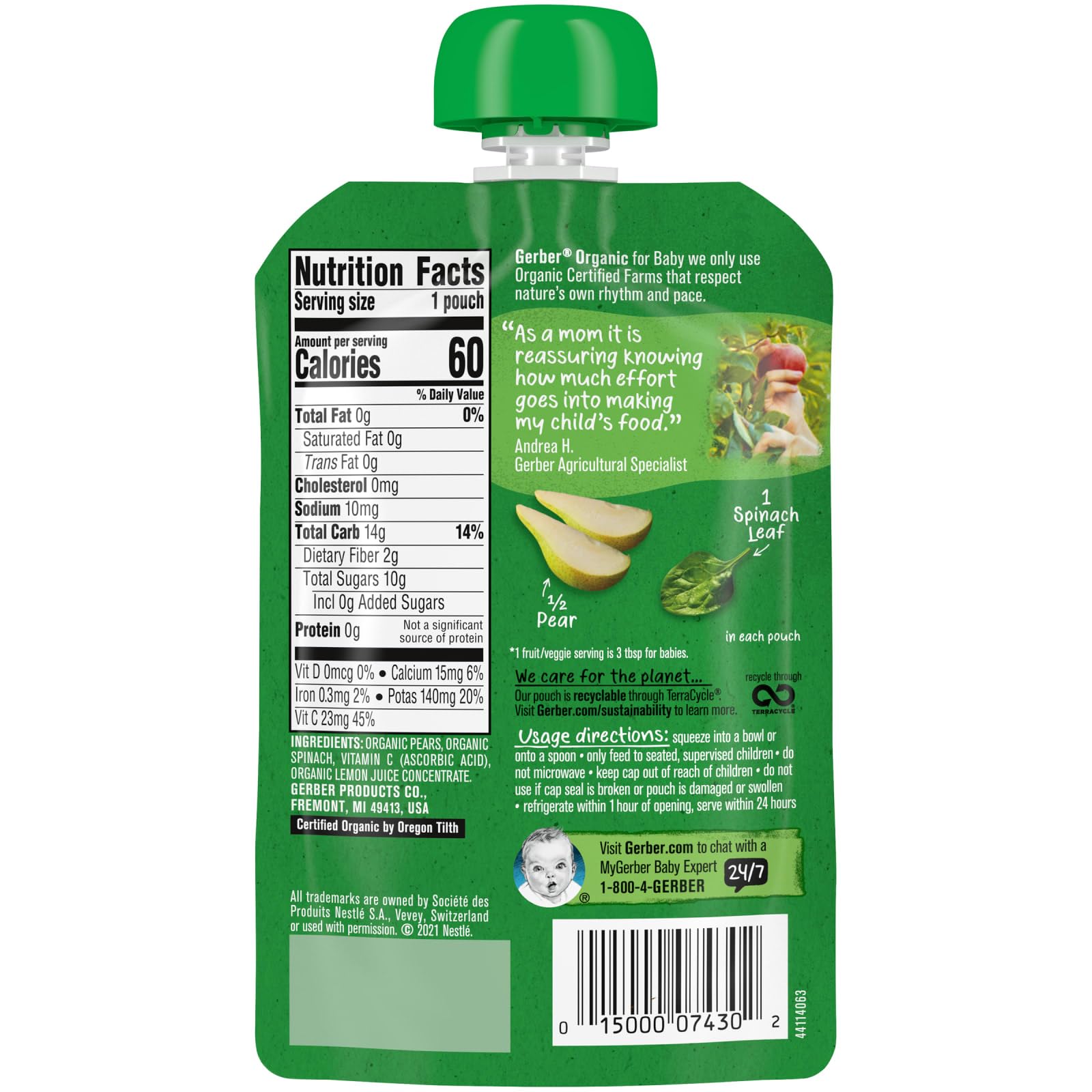 Gerber Organic Pear Spinach Baby Food, 3.5 Oz Pouch