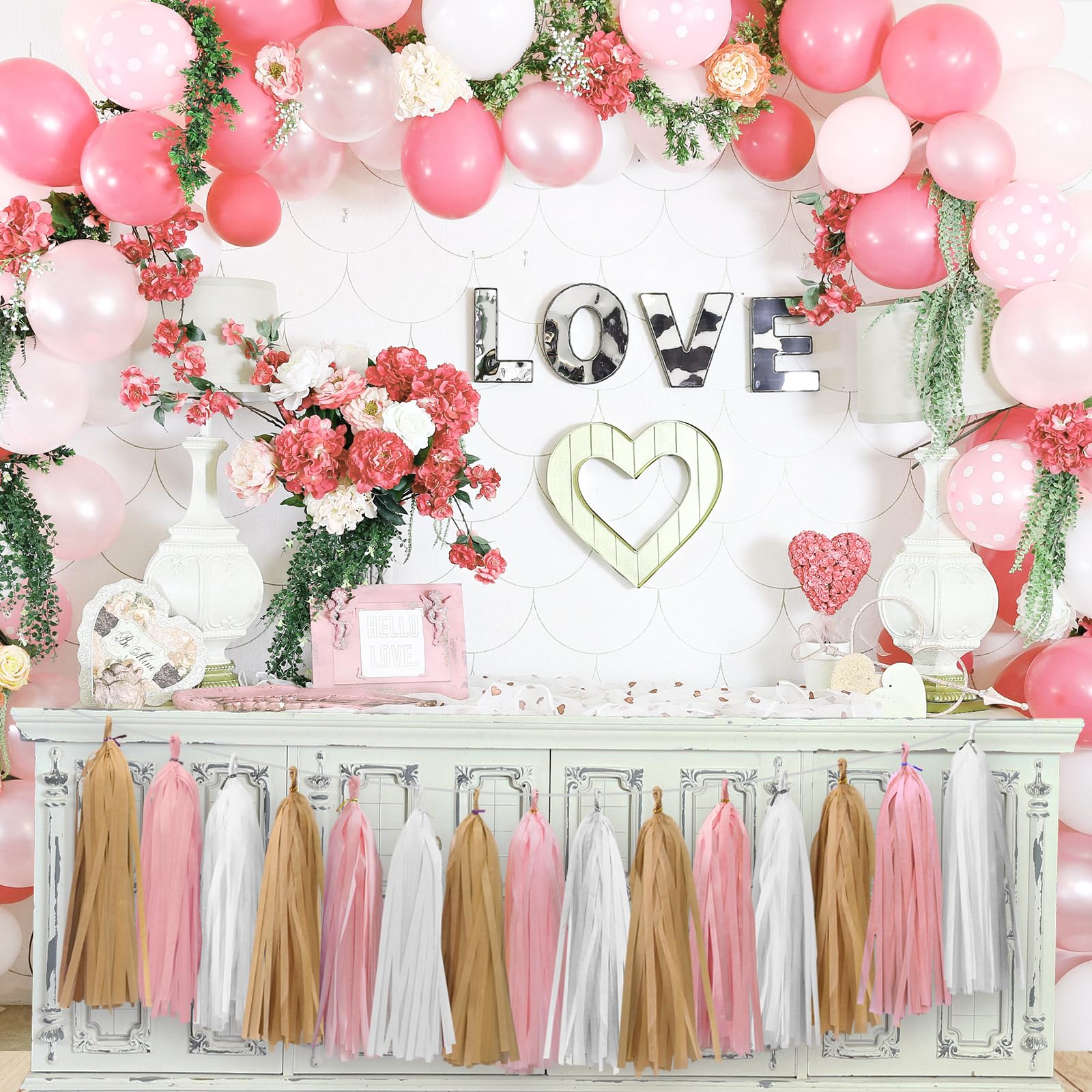 Aonor Gold White Pink Tassel Garland for Baby Shower Decorations Bridal Shower Birthday Party Decorations 15PCS