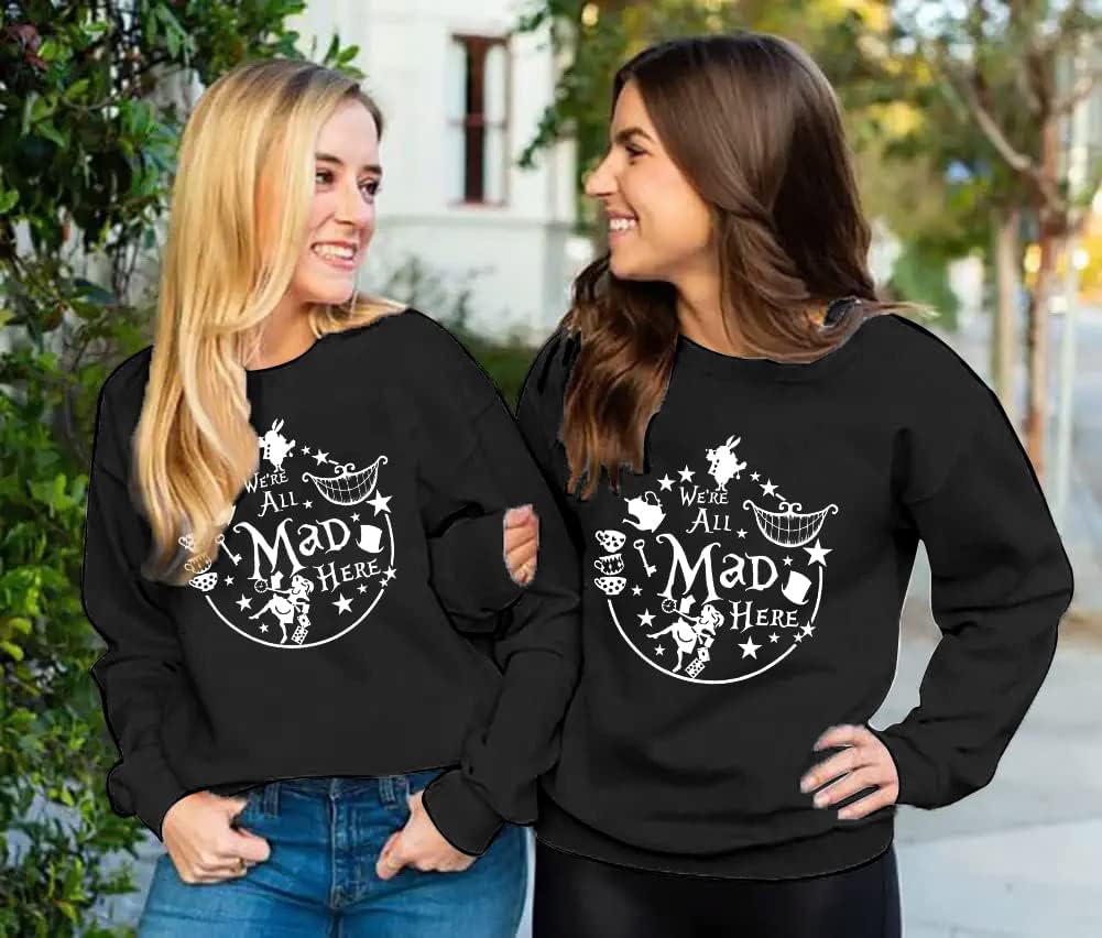 ASTANFY Alice in Wonderland Sweatshirt Women Vintage Mad Hatter Shirt Magic Kingdom Pullover Vacation Long Sleeve Tops Black