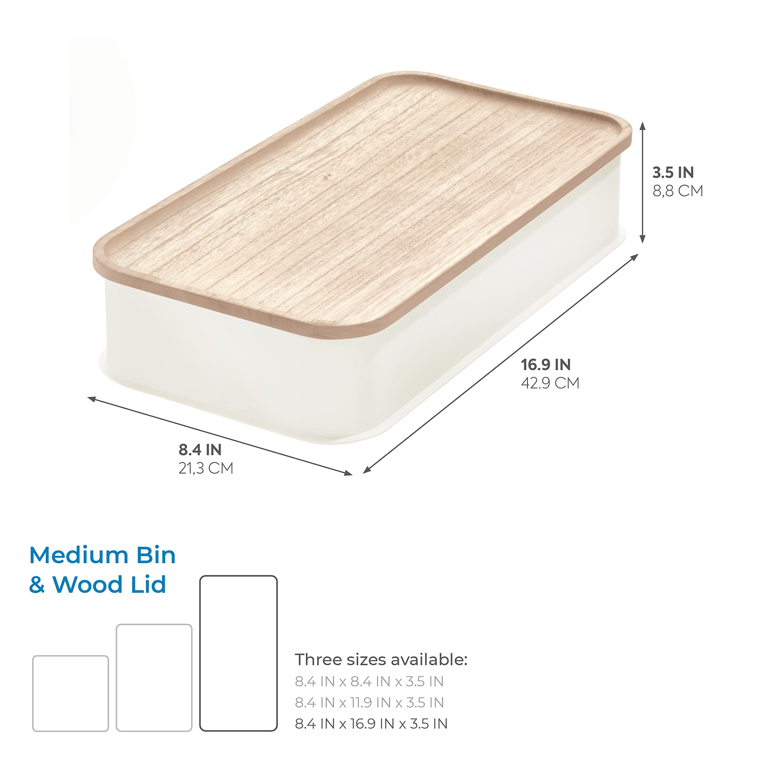 iDesign Recycled Plastic Medium Storage Bin with Paulownia Wood Lid, 8.4" x 16.9" x 3", Coconut