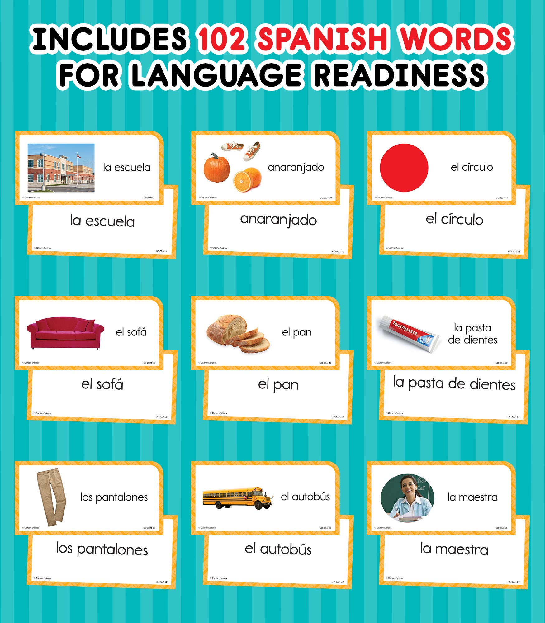 Carson Dellosa 104 Spanish Flash Cards for Kids, Spanish Vocabulary Flash Cards for Beginners, Picture Flash Cards for Toddlers, Learning Spanish Game for Beginners