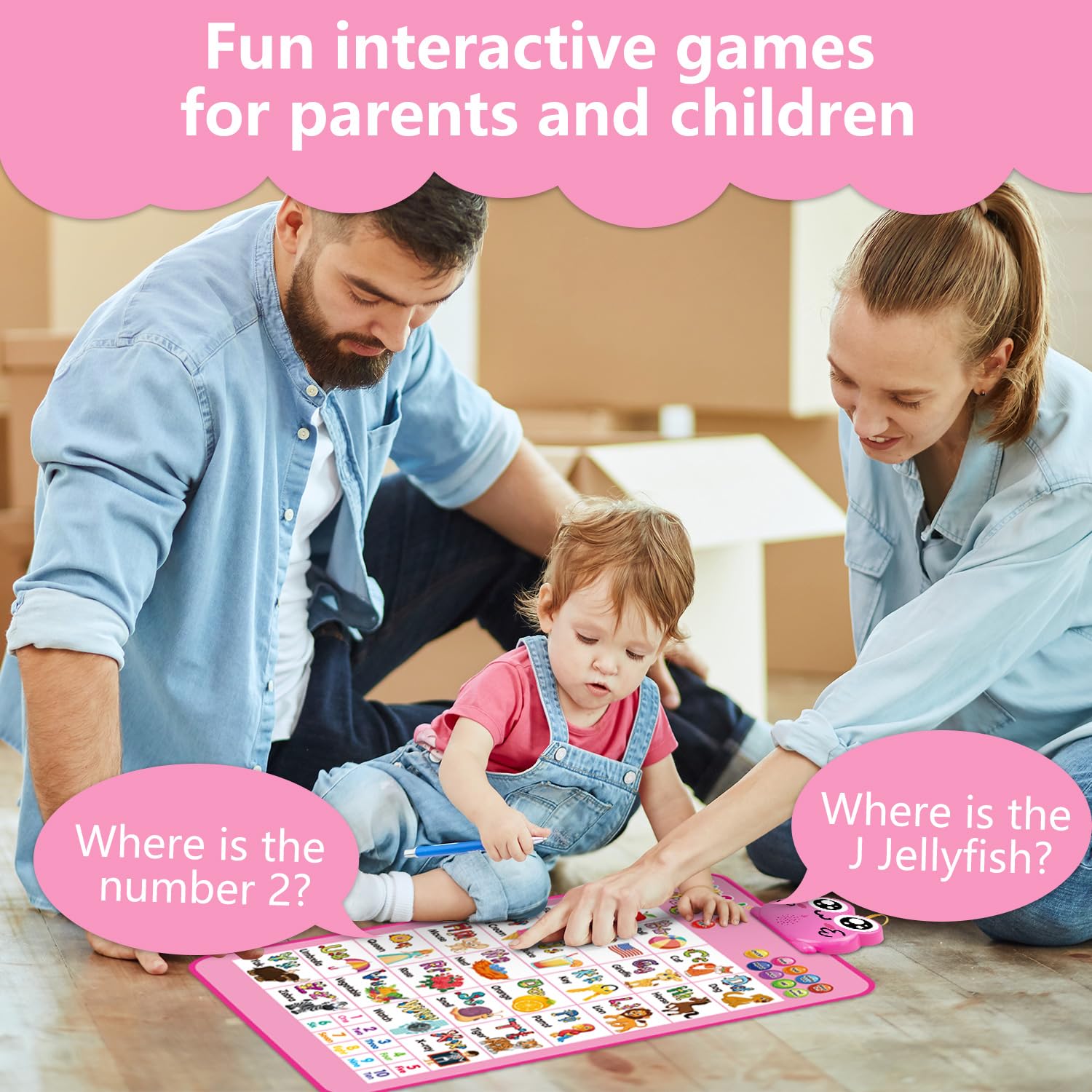 Electronic Interactive Double-Sided Alphabet Wall Chart, Talking ABC & 123 & Music & Learning Poster, Educational Toddlers Toys for Ages 2-4 and Up Kids Gifts, Best for Preschool Boys & Girls(Pink)