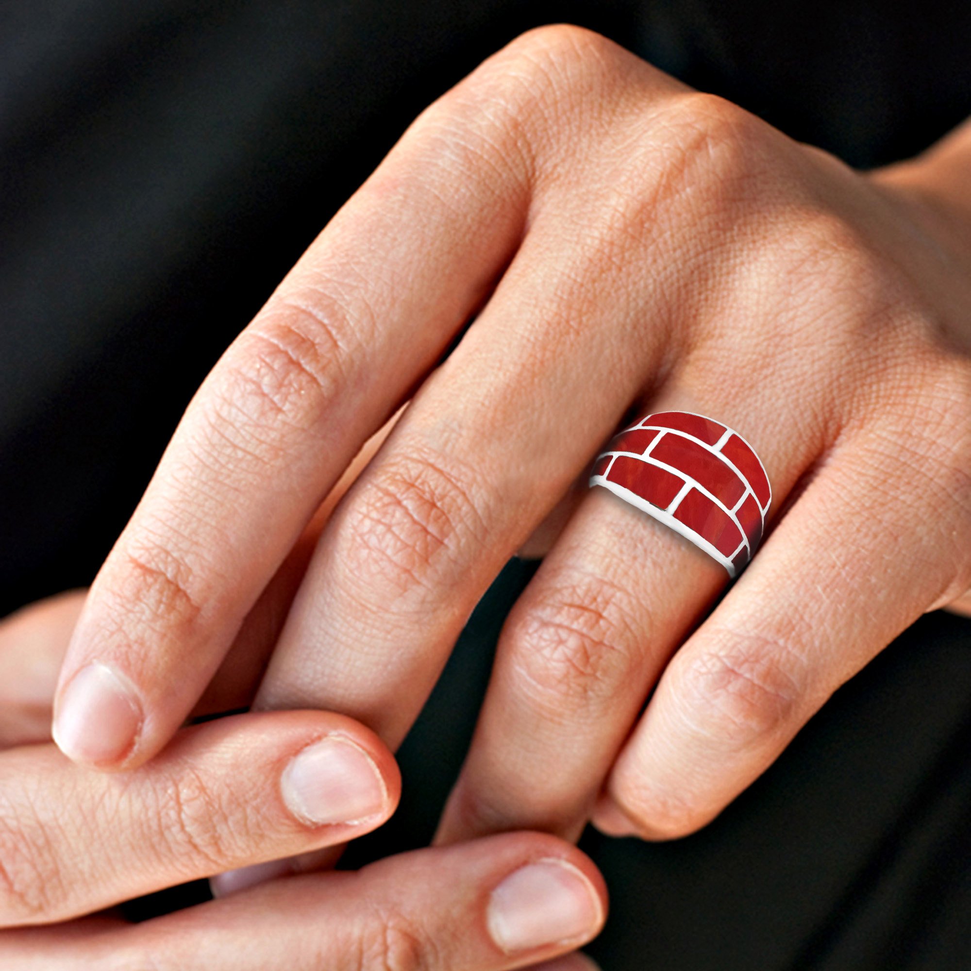 AeraVida Modern Brick Blocks Reconstructed Red Coral Sterling Silver Ring