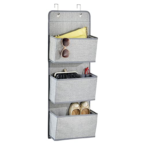 mDesign Fabric Hanging Organizers for Over the Door Storage In Bedroom/Hallway Closets, 3 Pocket Organizer Caddy, Hooks for Linens, Clothing, Accessories, Lido Collection, Textured Print, 2 Pack, Gray