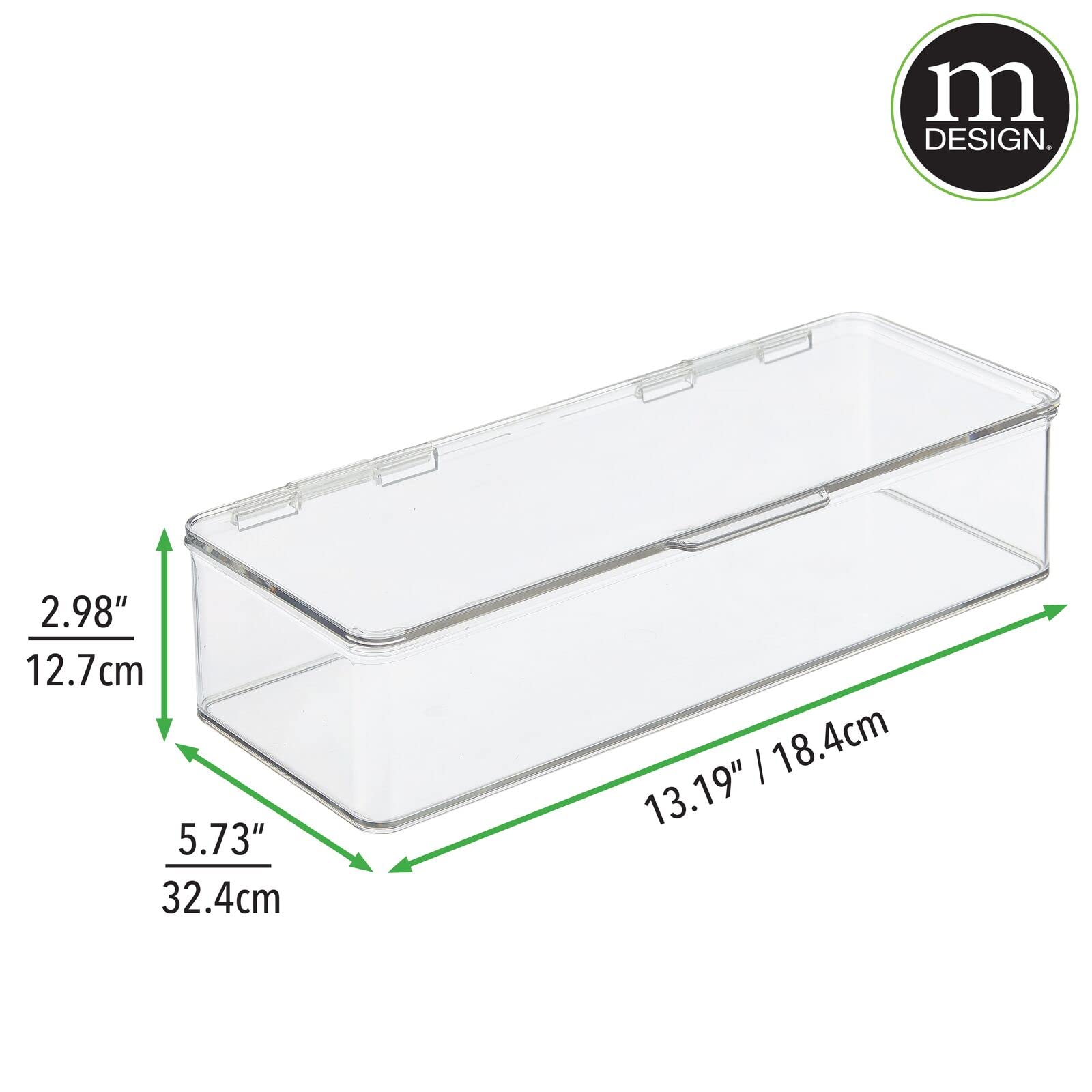 mDesign Long Plastic Cosmetic Storage Organizer Box Containers with Hinged Lid for Bedroom, Bathroom, and Vanity Shelf or Cabinet, Holds Masks, Palettes, Lotion, Astringents, or Nail Polish - Clear