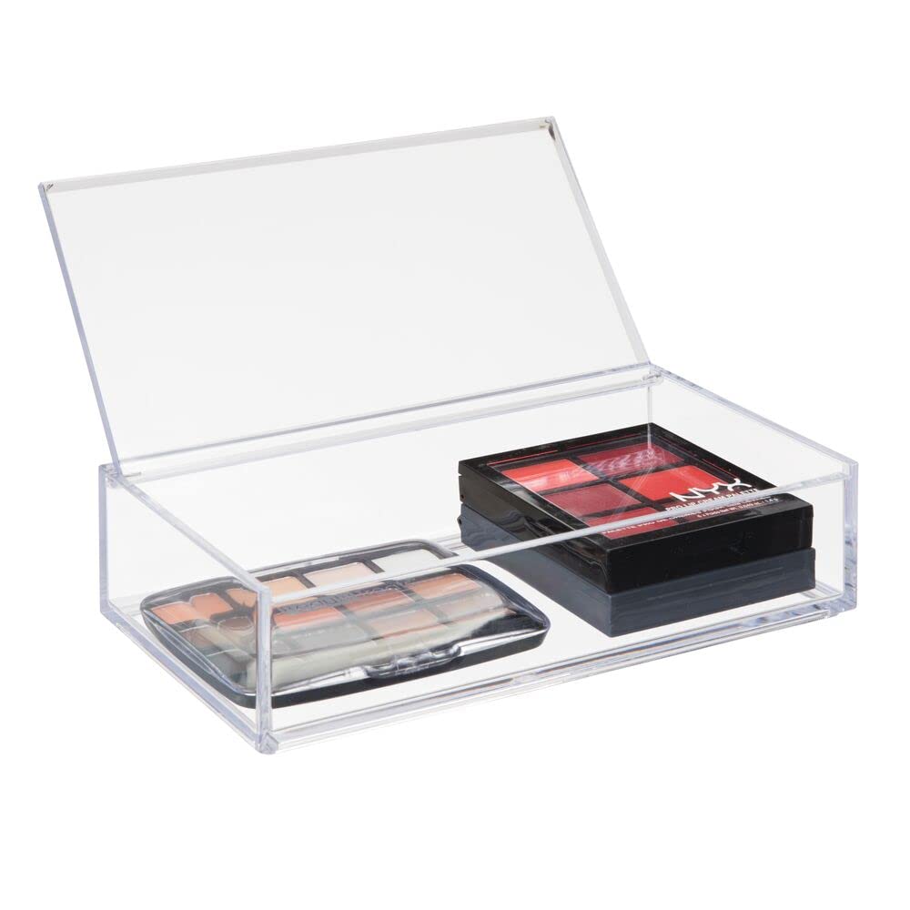 mDesign Small Makeup Organizer Box with Lid for Vanity Countertops, Cabinet - Store Makeup Brushes, Eye Shadow Palettes, Lipstick, Lip Gloss, Blush, Jewelry - Plastic, 2 Pack - Clear